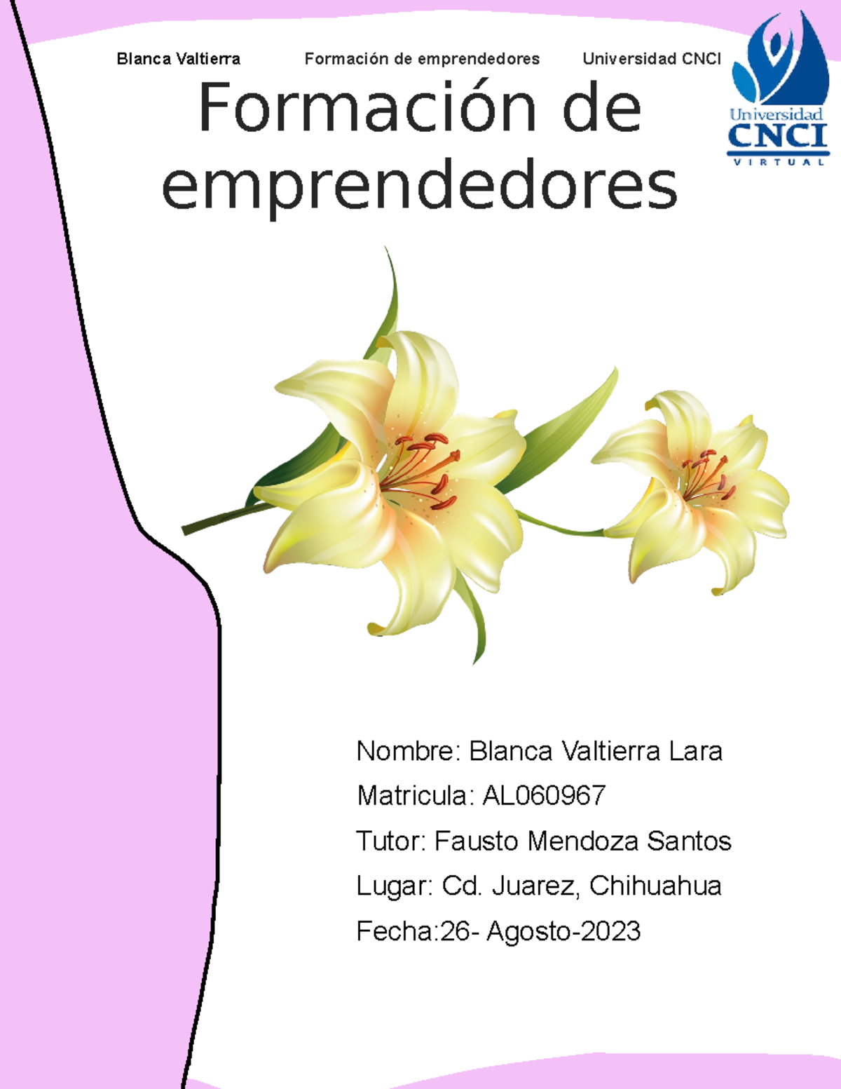 Proyecto Modular Formacion de emprendedores - Formación de emprendedores Nombre: Blanca ...