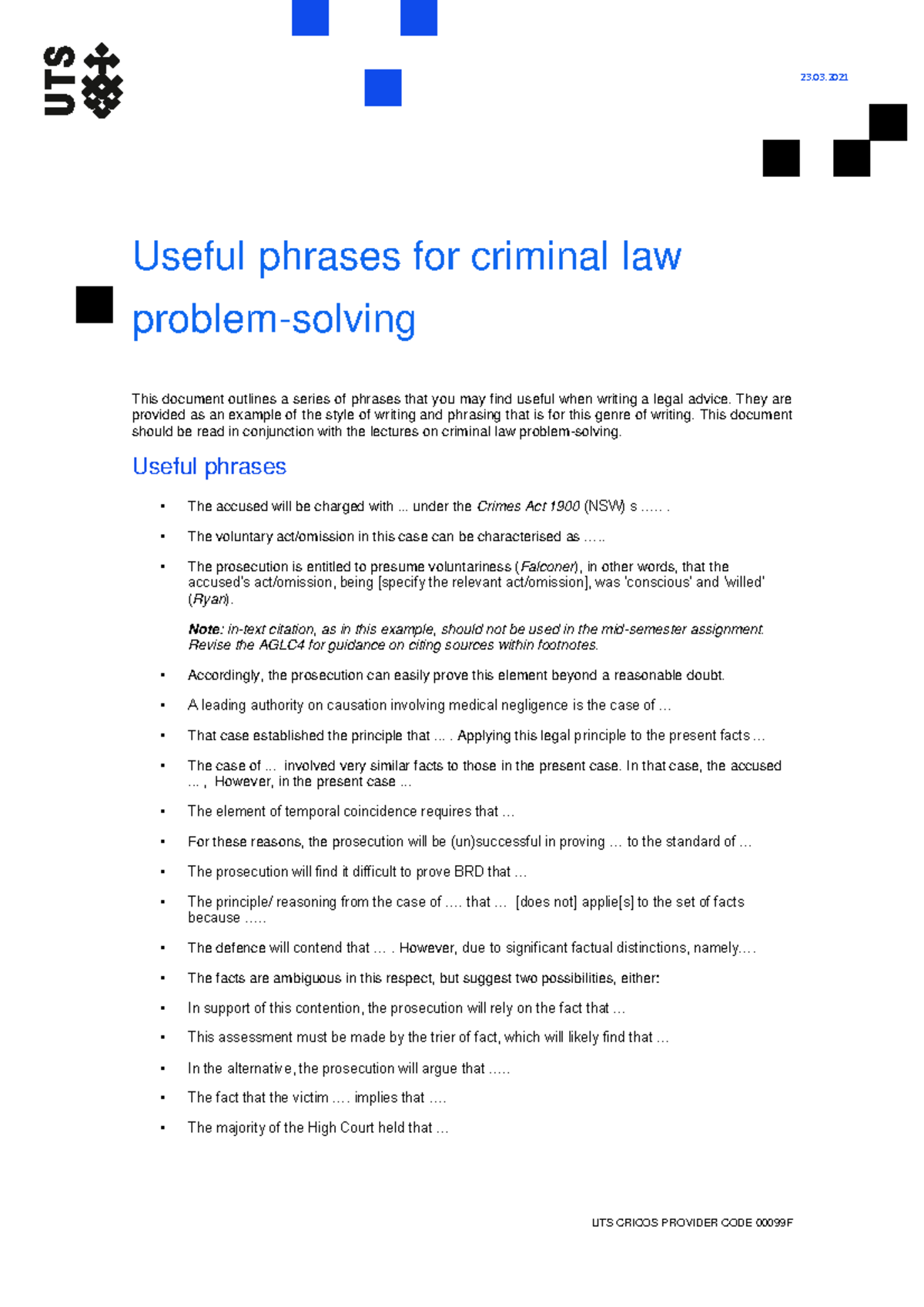 70114 Useful Phrases for Criminal Law Problem-Solving - UTS CRICOS ...