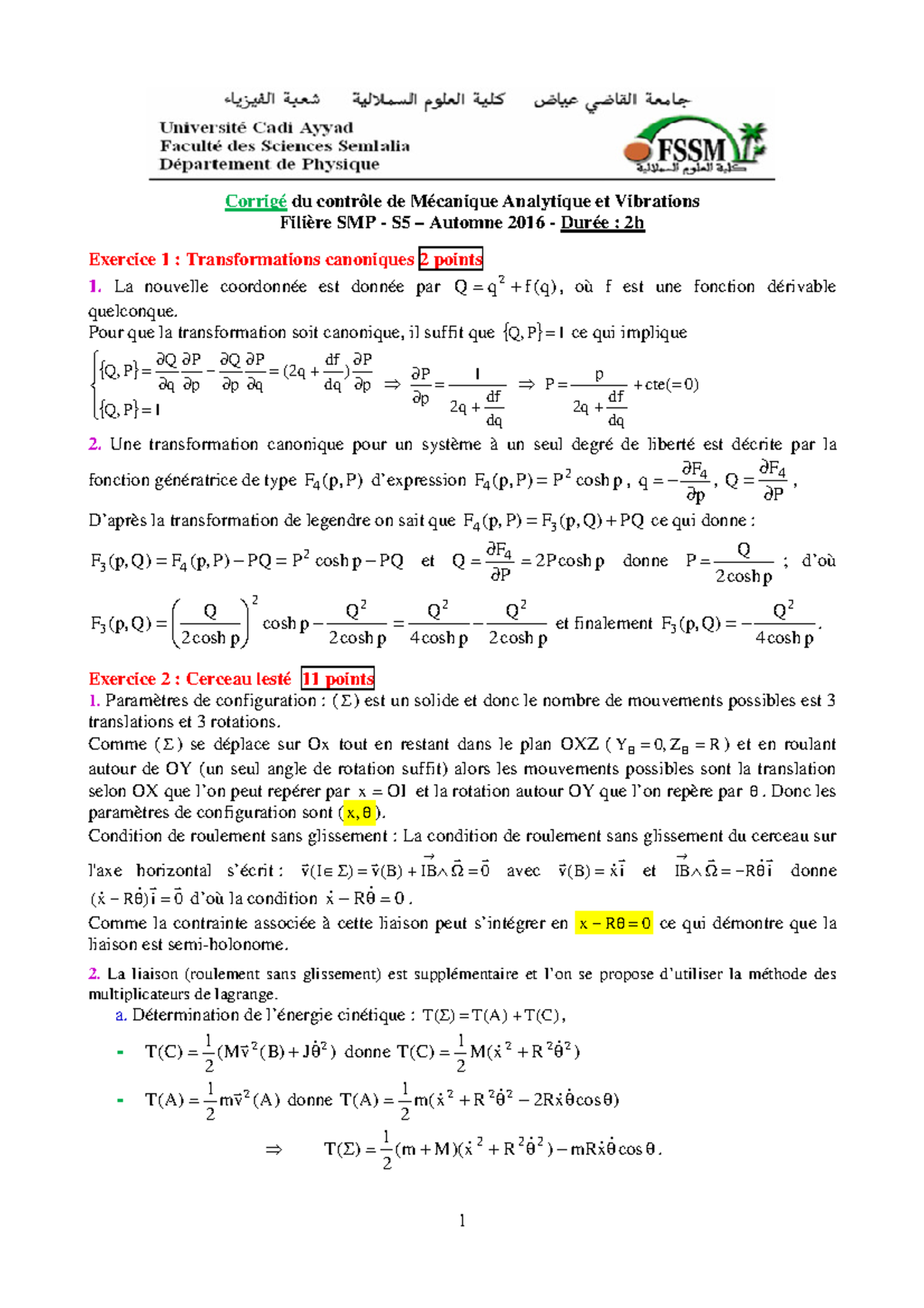 Ctrl MA Corrige VF1 2016 17 - Corrigé du contrôle de Mécanique ...