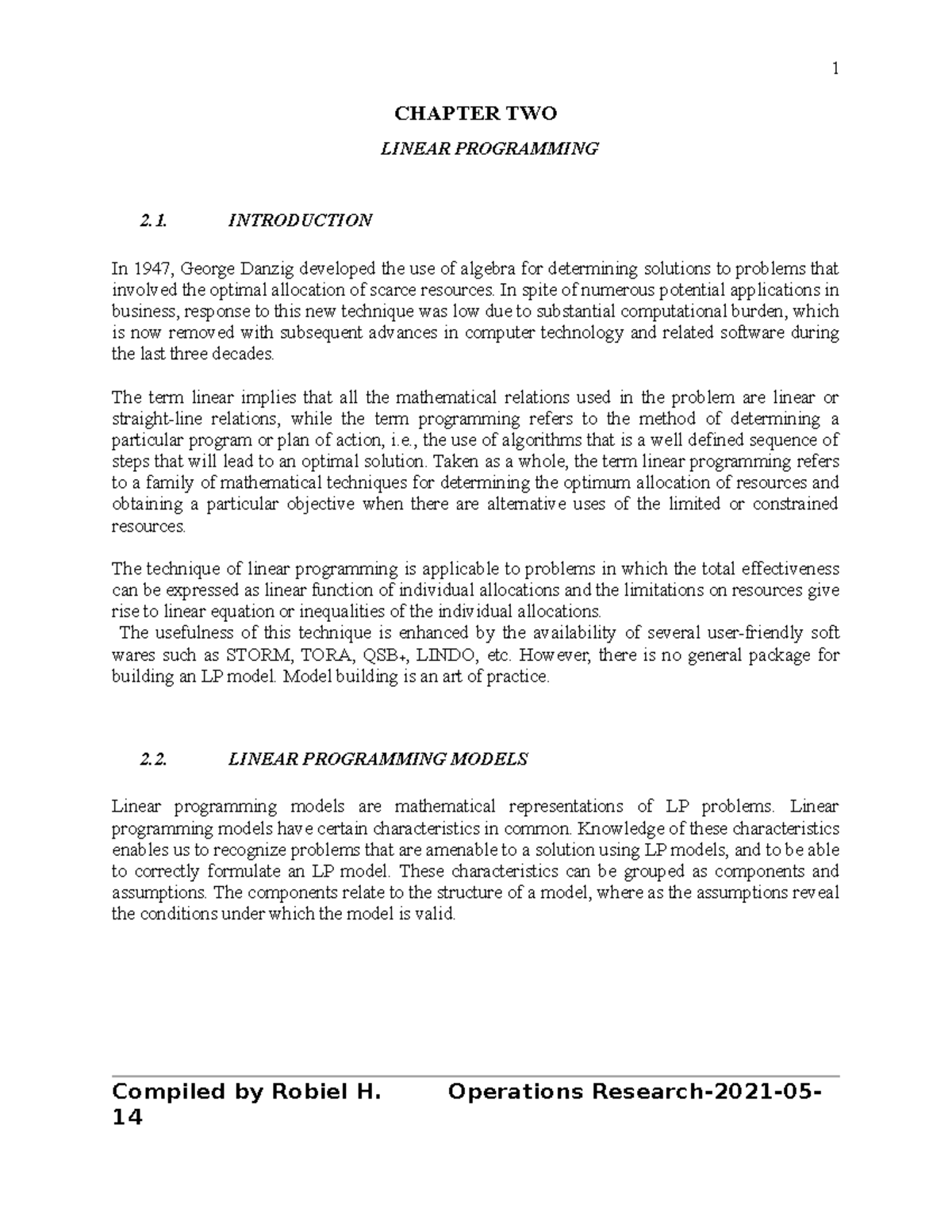 CH-2 - risk - CHAPTER TWO LINEAR PROGRAMMING 2. INTRODUCTION In 1947, George Danzig developed ...