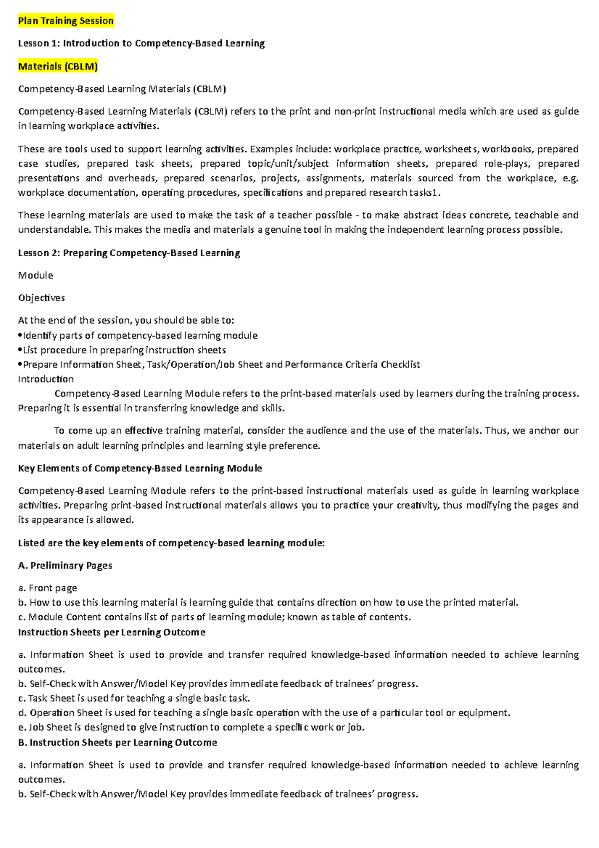 Plan Training Session for Oral - Plan Training Session Lesson 1: Introduction to Competency ...