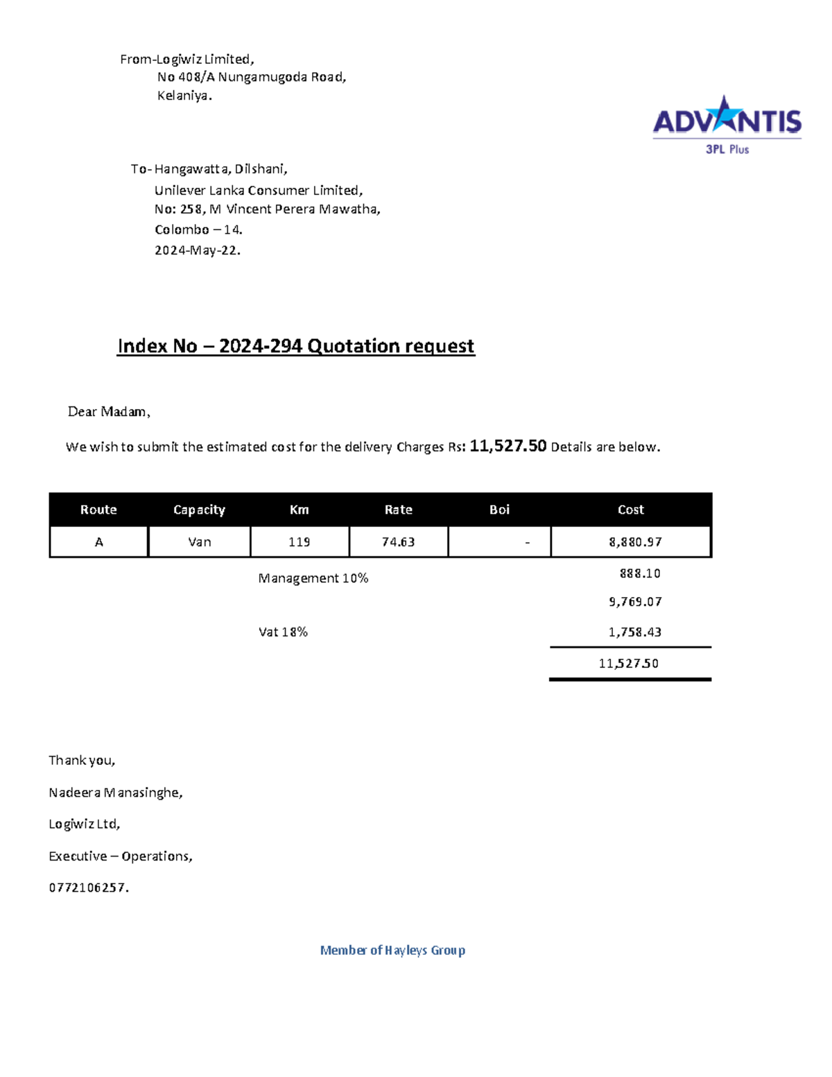 Quotation Index No 294 - Chanika - 27.05.2024 - From-Logiwiz Limited ...