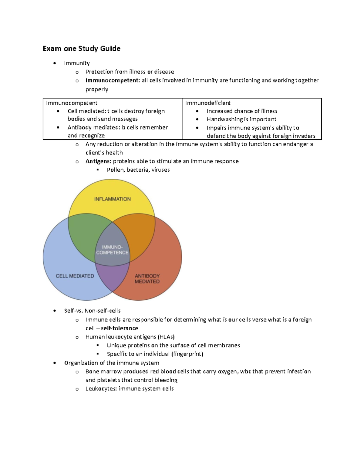 Exam one Study Guide - Exam one Study Guide Immunity o Protection from ...
