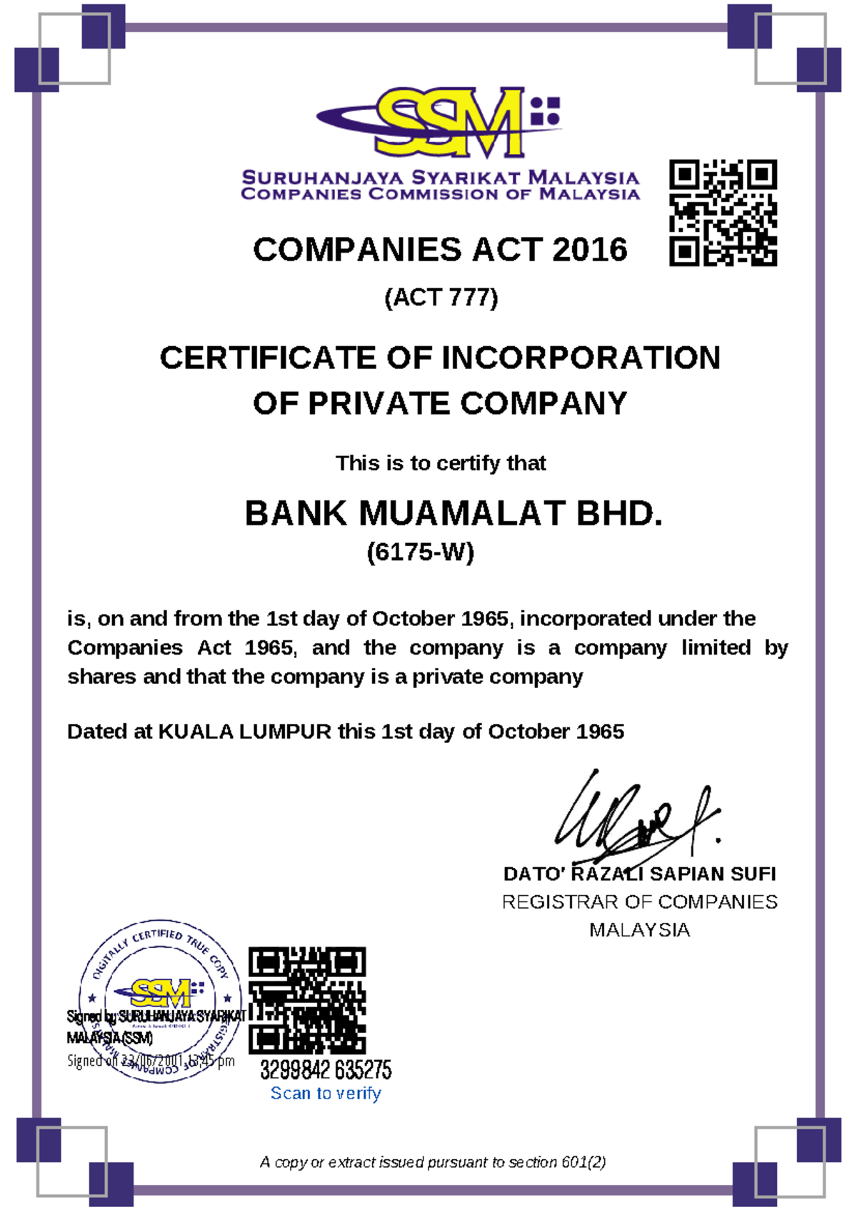 Certificate BANK Muamalat BHD - DATO' RAZALI SAPIAN SUFI REGISTRAR OF ...