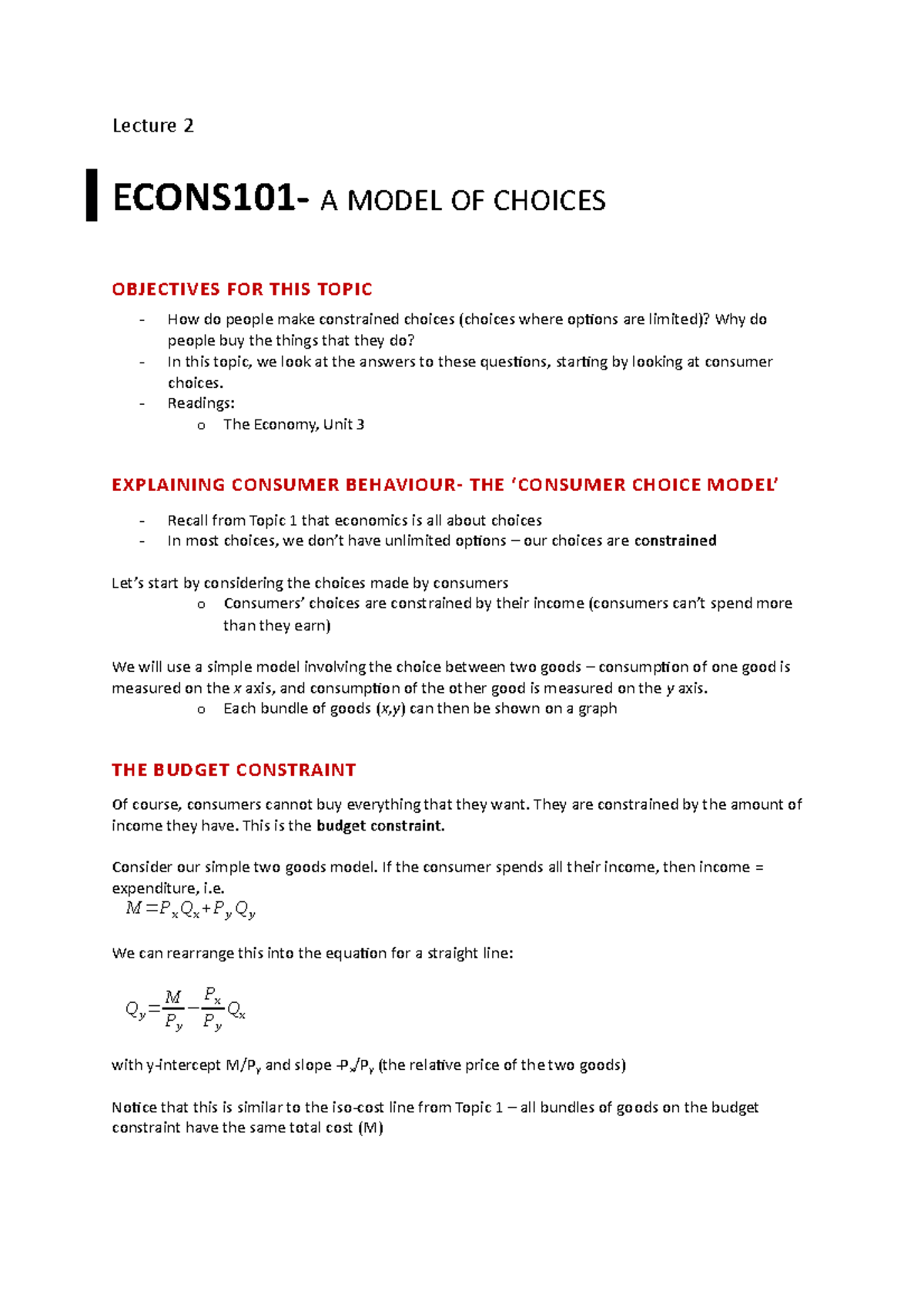 Lecture 2- A Model of Choices - Lecture 2 ECONS101- A MODEL OF CHOICES ...