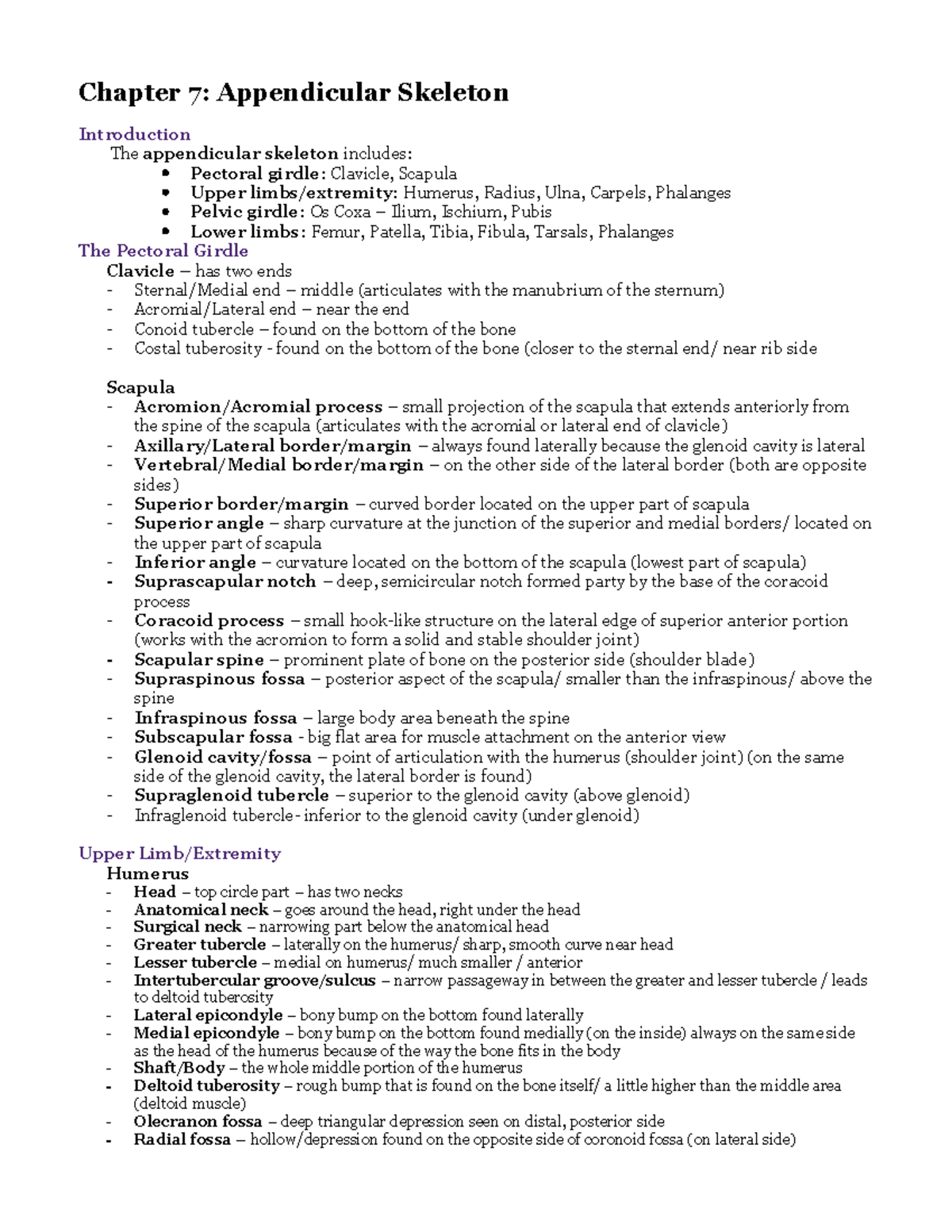 Chapter 7 Notes - Chapter 7: Appendicular Skeleton Introduction The ...