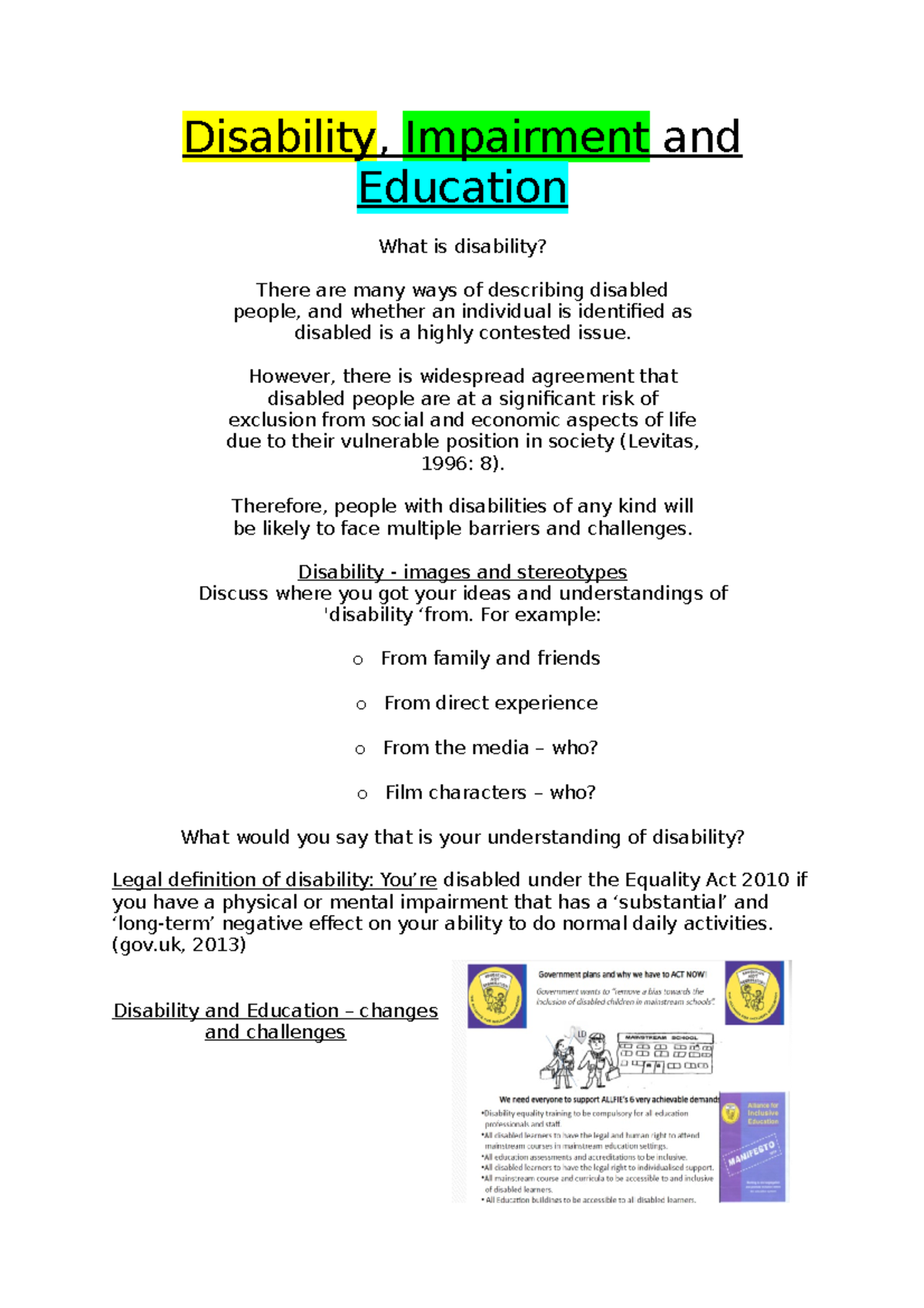 Disability - Lecture notes ALL - Disability , Impairment and Education ...