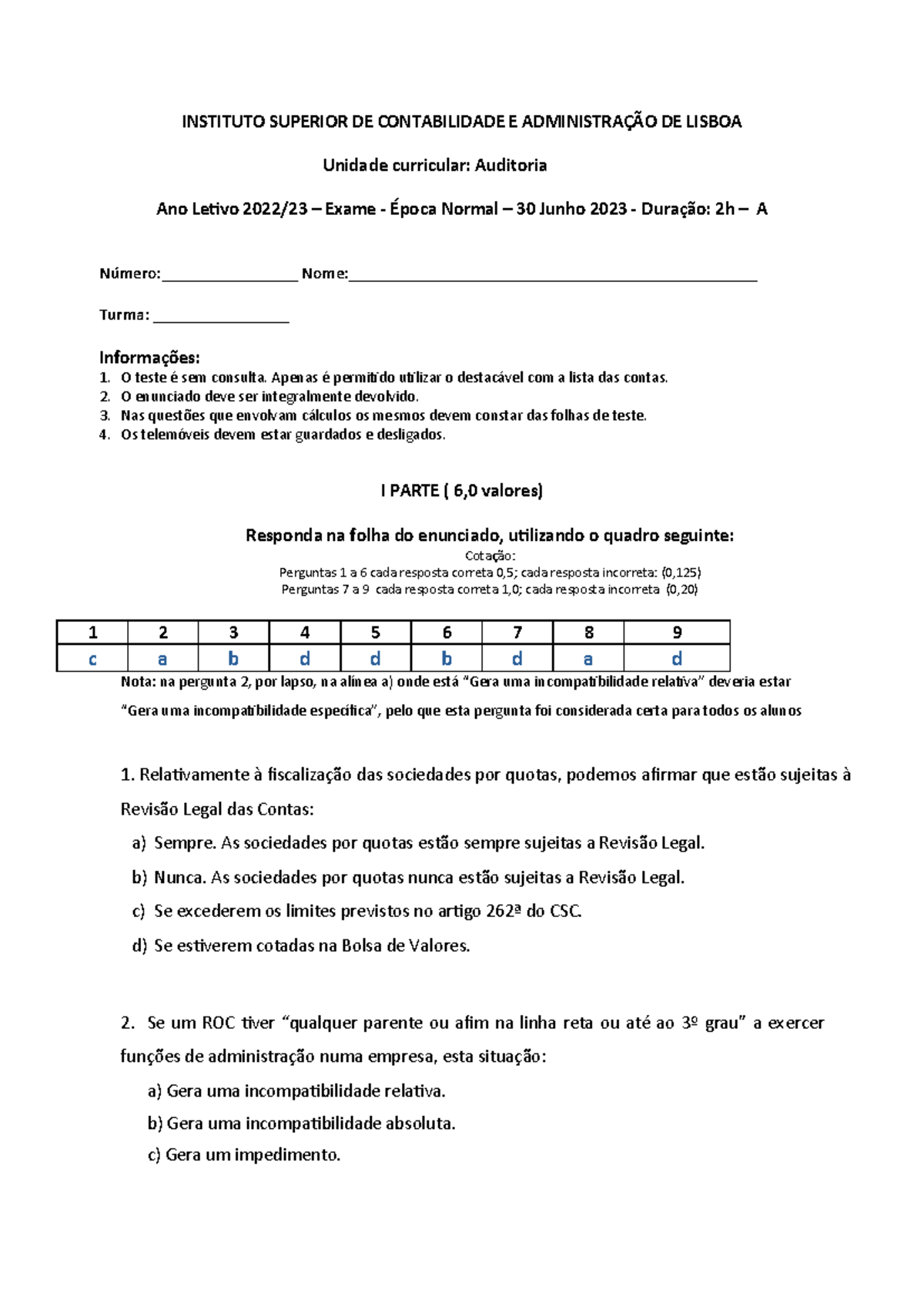 Iscal Exame Época Normal 2023 Auditoria - INSTITUTO SUPERIOR DE ...
