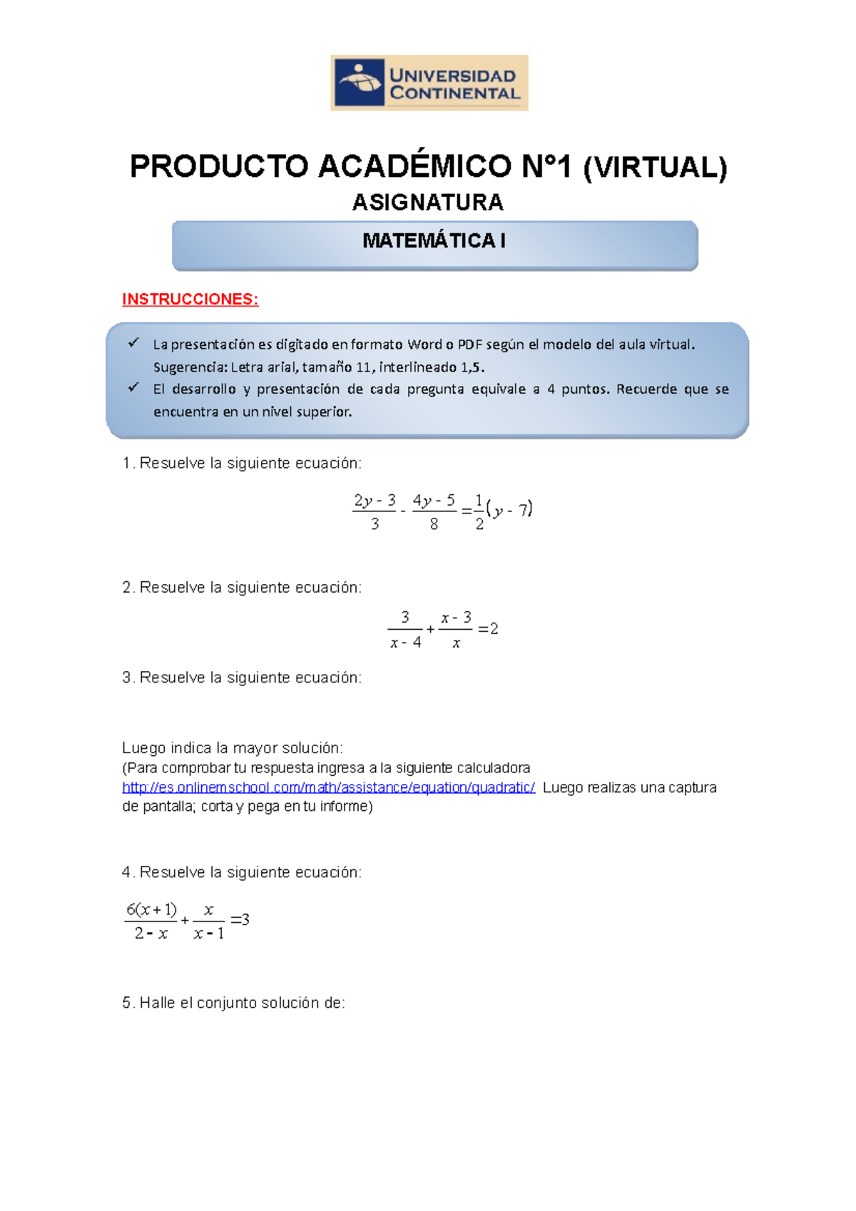 Enunciado Producto académico N°1(Matematica) - PRODUCTO ACADÉMICO N°1 (VIRTUAL) ASIGNATURA - Studocu