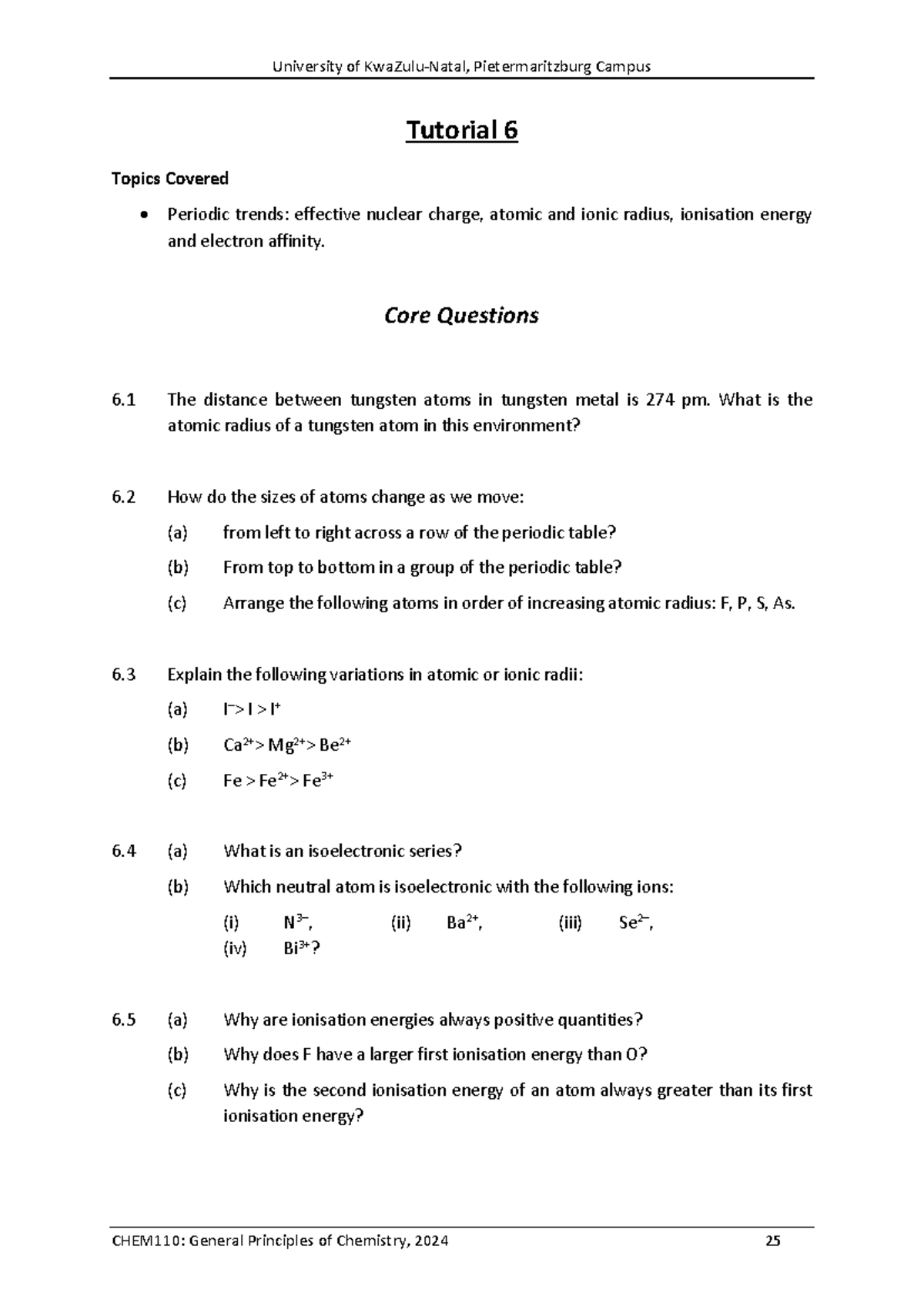 Periodic Trends tutorial CHEM110 2024 - University of KwaZulu-Natal, Pietermaritzburg Campus ...
