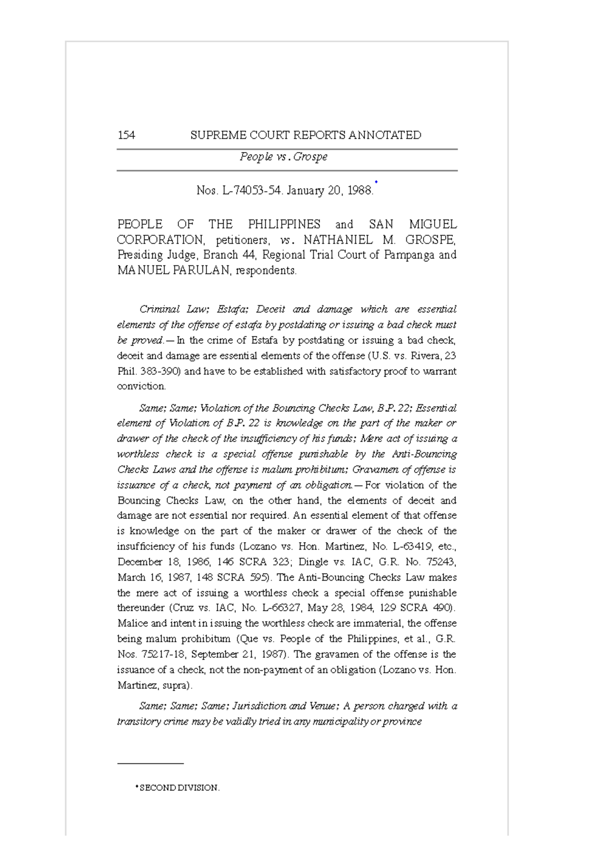 People vs Grospe - 154 SUPREME COURT REPORTS ANNOTATED People vs ...