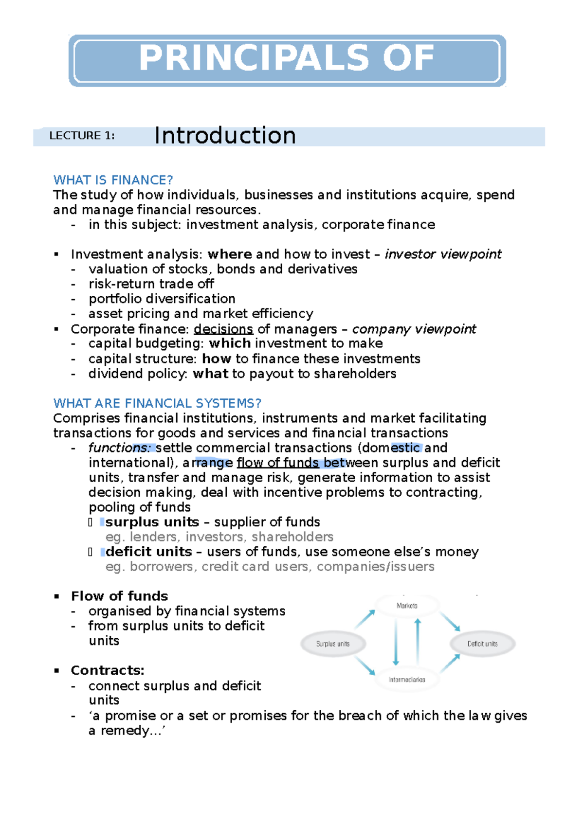 Y1S1 Principals of Finance - WHAT IS FINANCE? The study of how ...