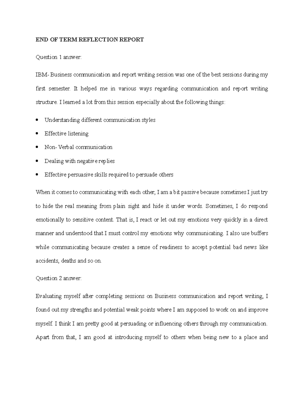 END OF TERM Reflection Report - END OF TERM REFLECTION REPORT Question ...