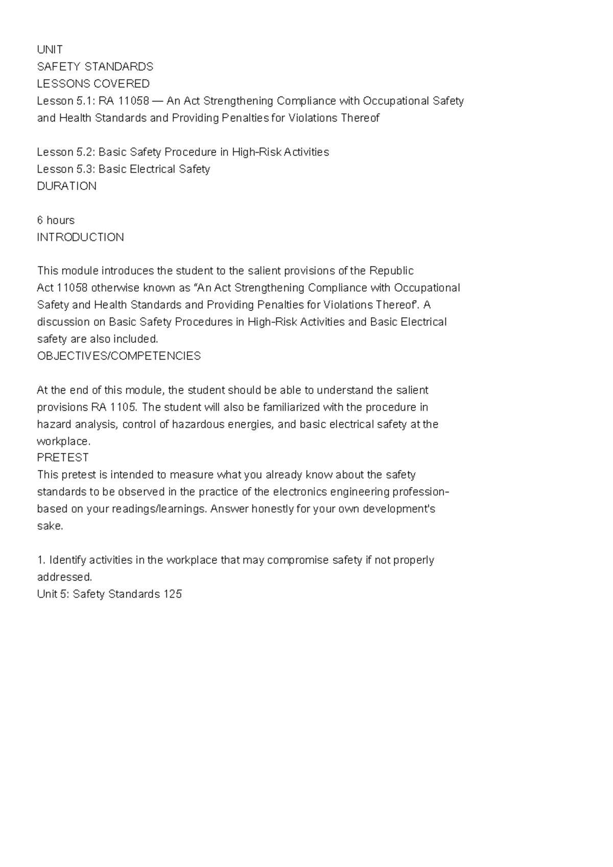 Newocr - abcdefu - UNIT SAFETY STANDARDS LESSONS COVERED Lesson 5: RA ...