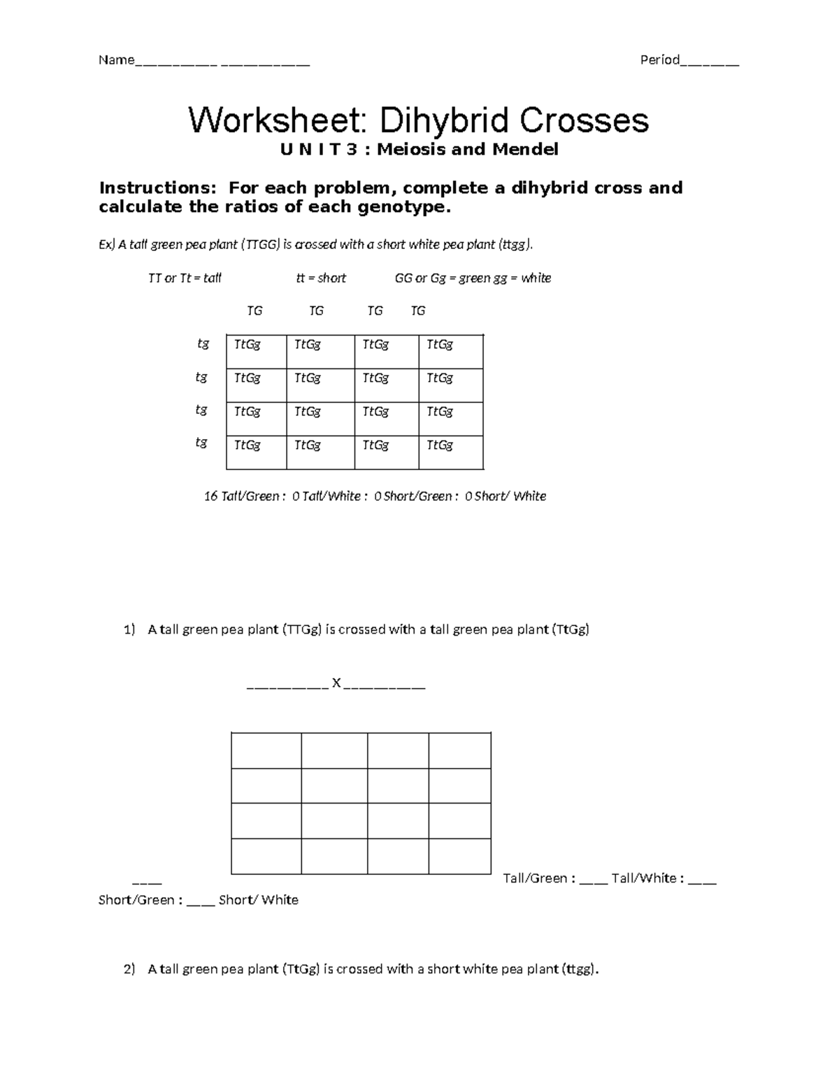 Dihybridcrossws - someonetign - Worksheet: Dihybrid Crosses U N I T 3 ...