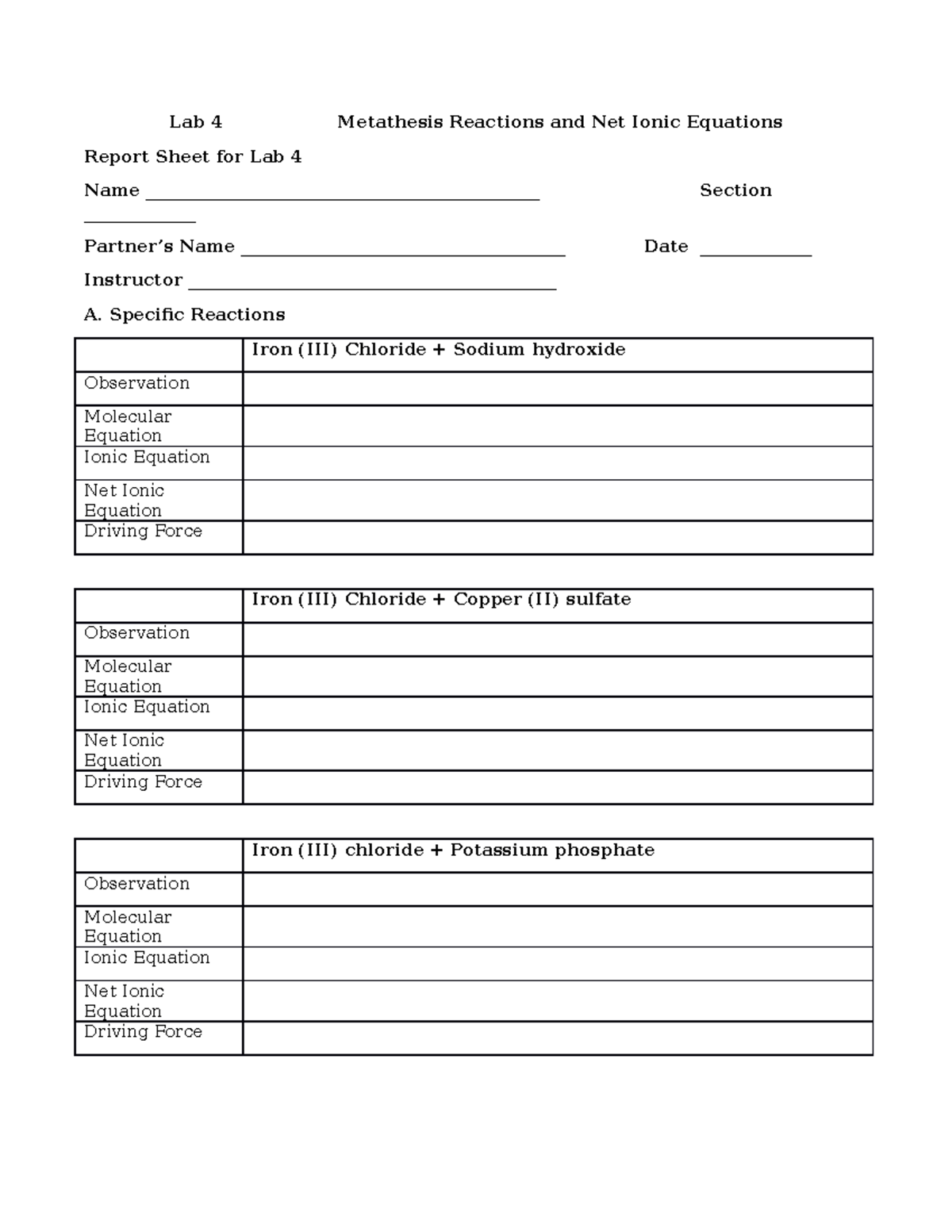 Lab 4 Metathesis Data Report Sheet - Lab 4 Metathesis Reactions and Net Ionic Equations Report ...