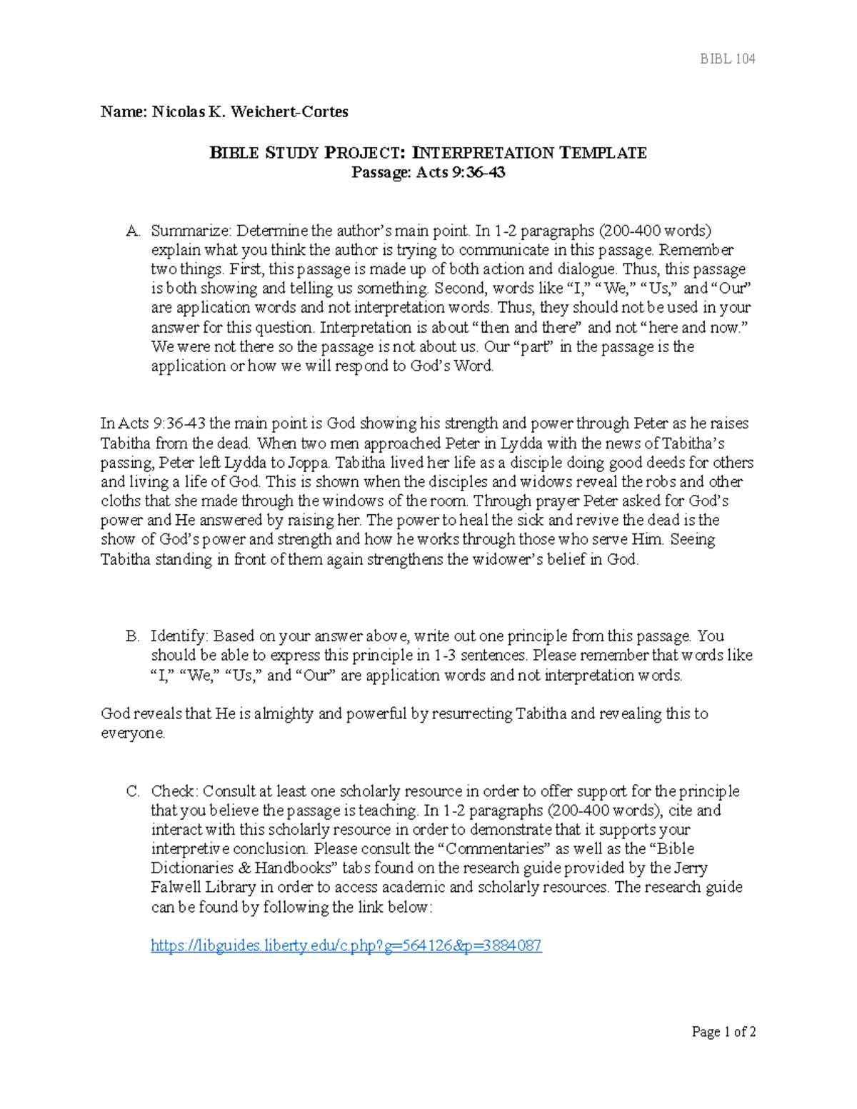 Bible Study Project Interpretation Template - BIBL 104 Name: Nicolas K ...