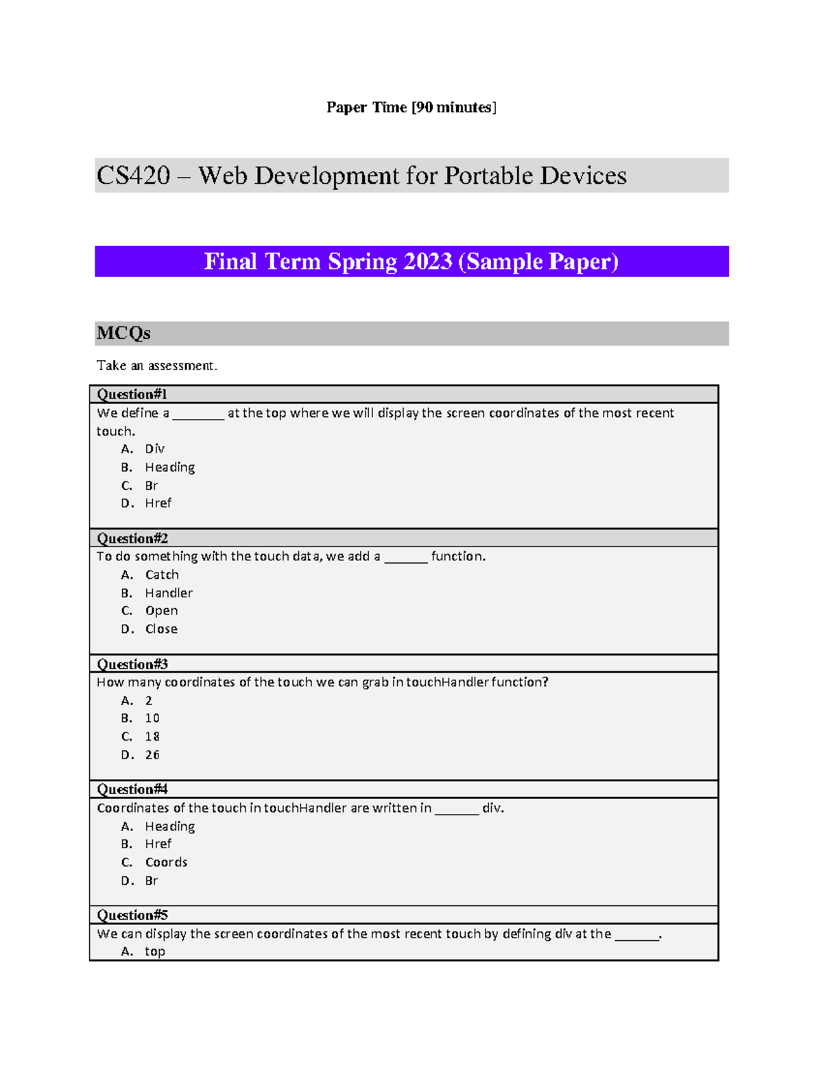 CS420 Sample Paper(Final) - Paper Time [90 minutes] CS420 – Web ...