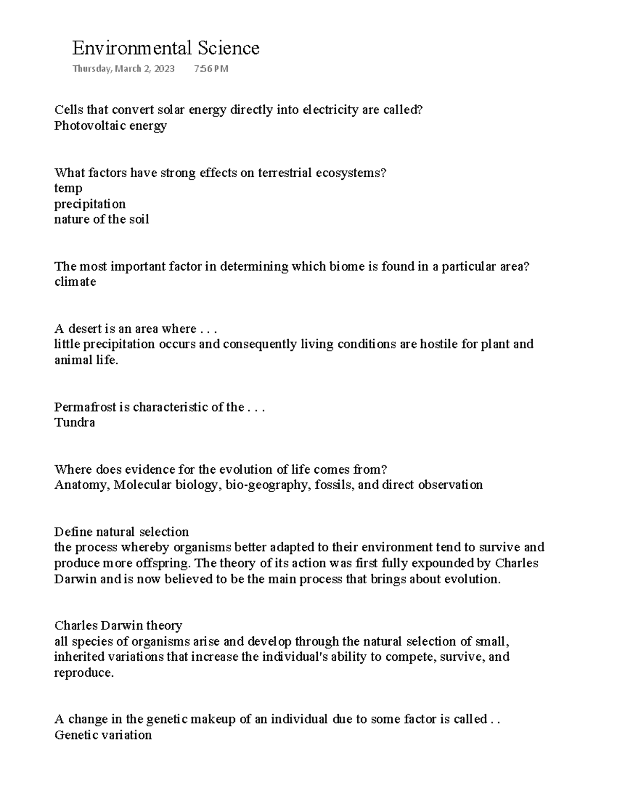Environmental Science Midterm prep 2 - Cells that convert solar energy ...
