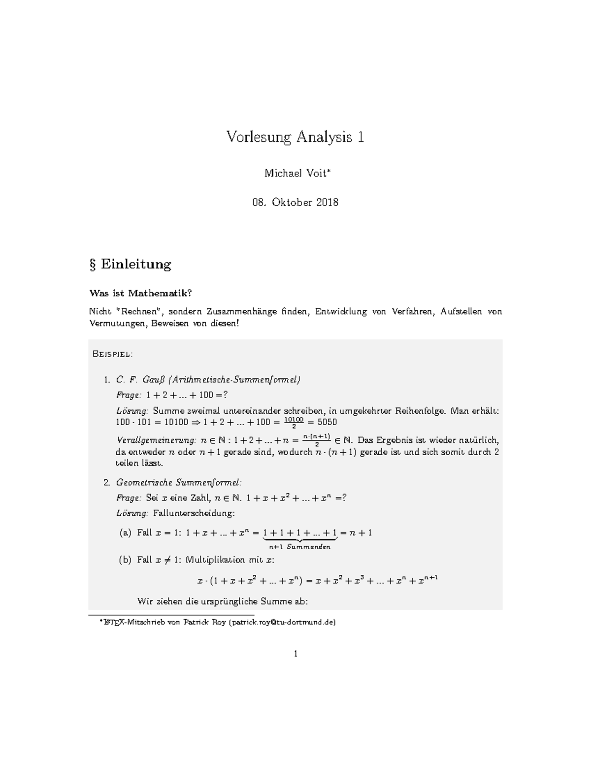 Skript - Vorlesung Analysis 1 Michael Voit∗ 08. Oktober 2018 ...