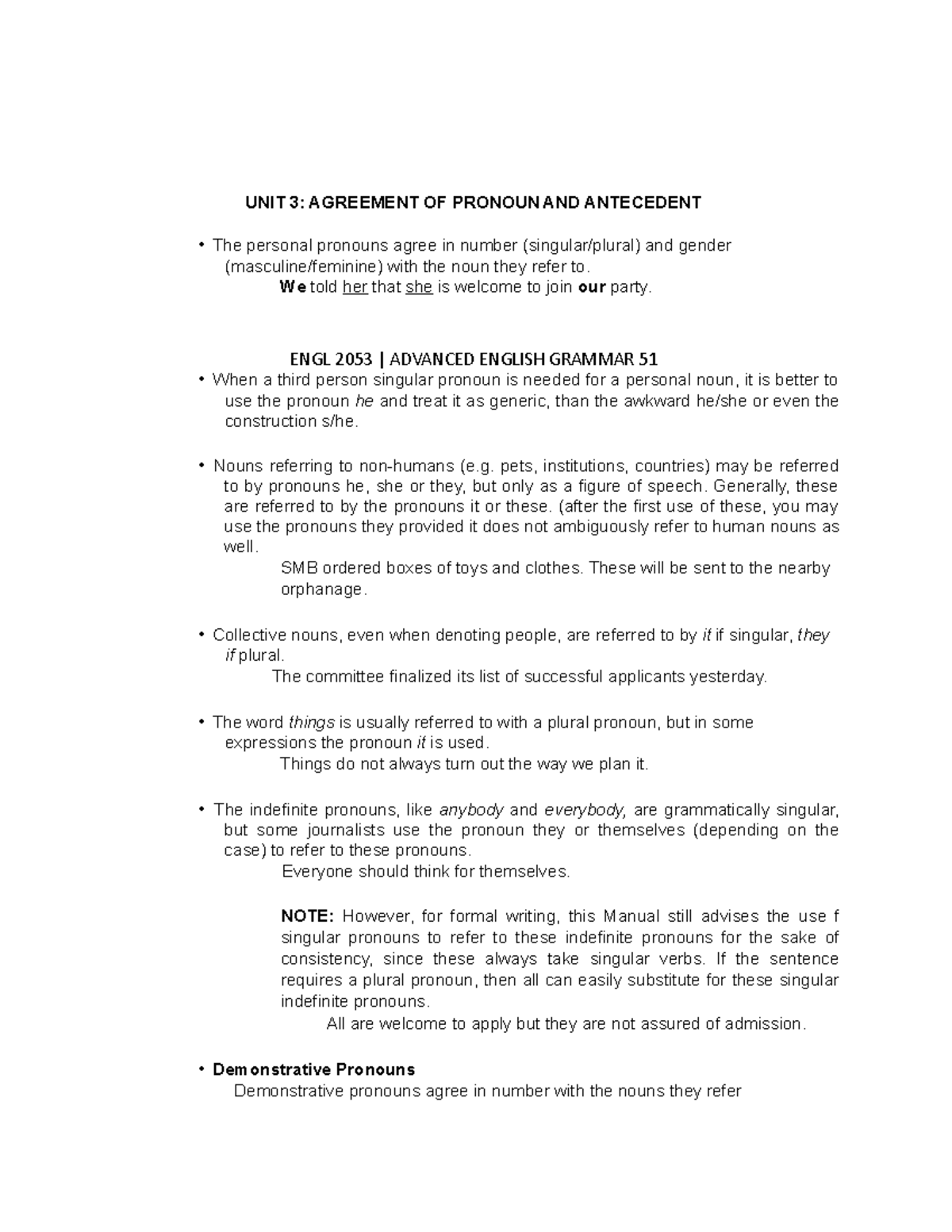 Agreement OF Pronoun AND Antecedent - UNIT 3: AGREEMENT OF PRONOUN AND ...