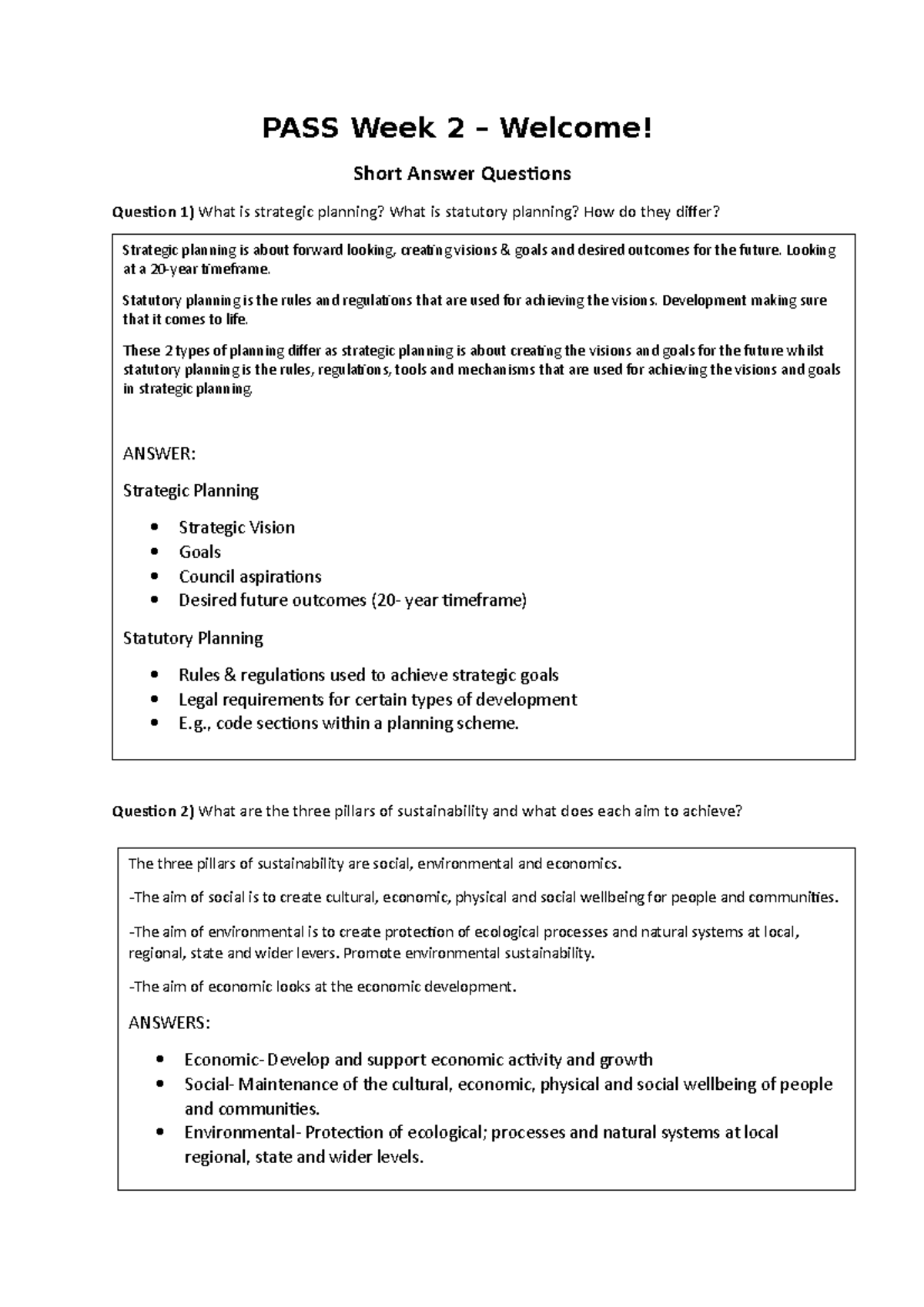 Student Sheet Week 2 - PASS notes - PASS Week 2 – Welcome! Short Answer ...