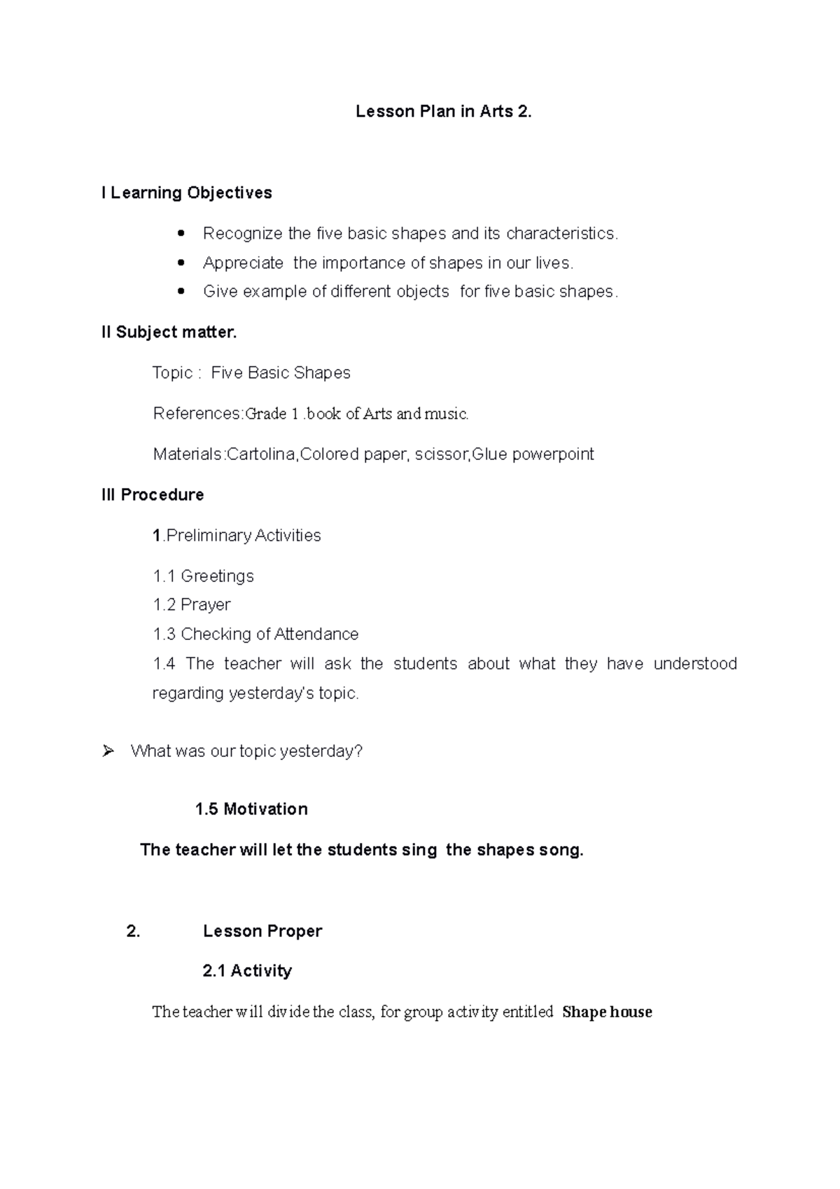 ED ARTS Lesson PLAN Sucnaanggrace - Lesson Plan in Arts 2. I Learning ...