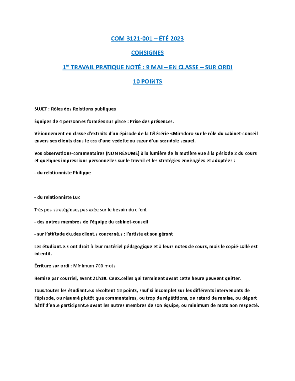 Consignes - 1er Travail NOTÉ - Mirador - COM3121 - UQAM - Studocu