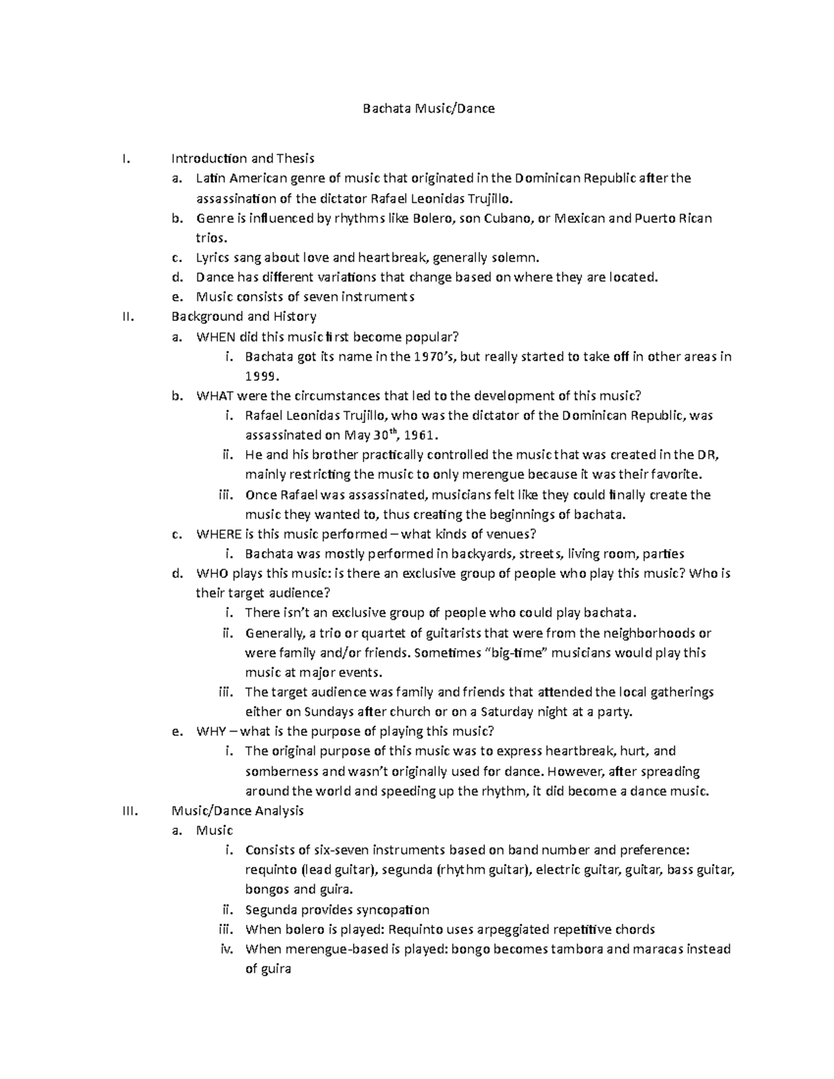 Outline genre essay 2 - Bachata Music/Dance I. Introduction and Thesis ...