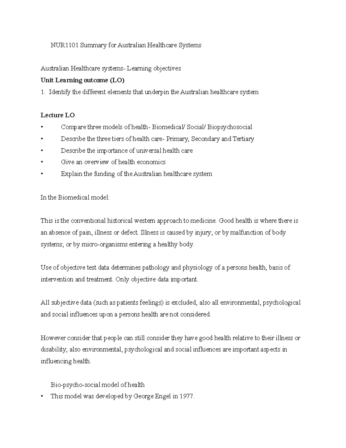 Summary for NUR1101 Australian Healthcare Systems - NUR1101 Summary for ...