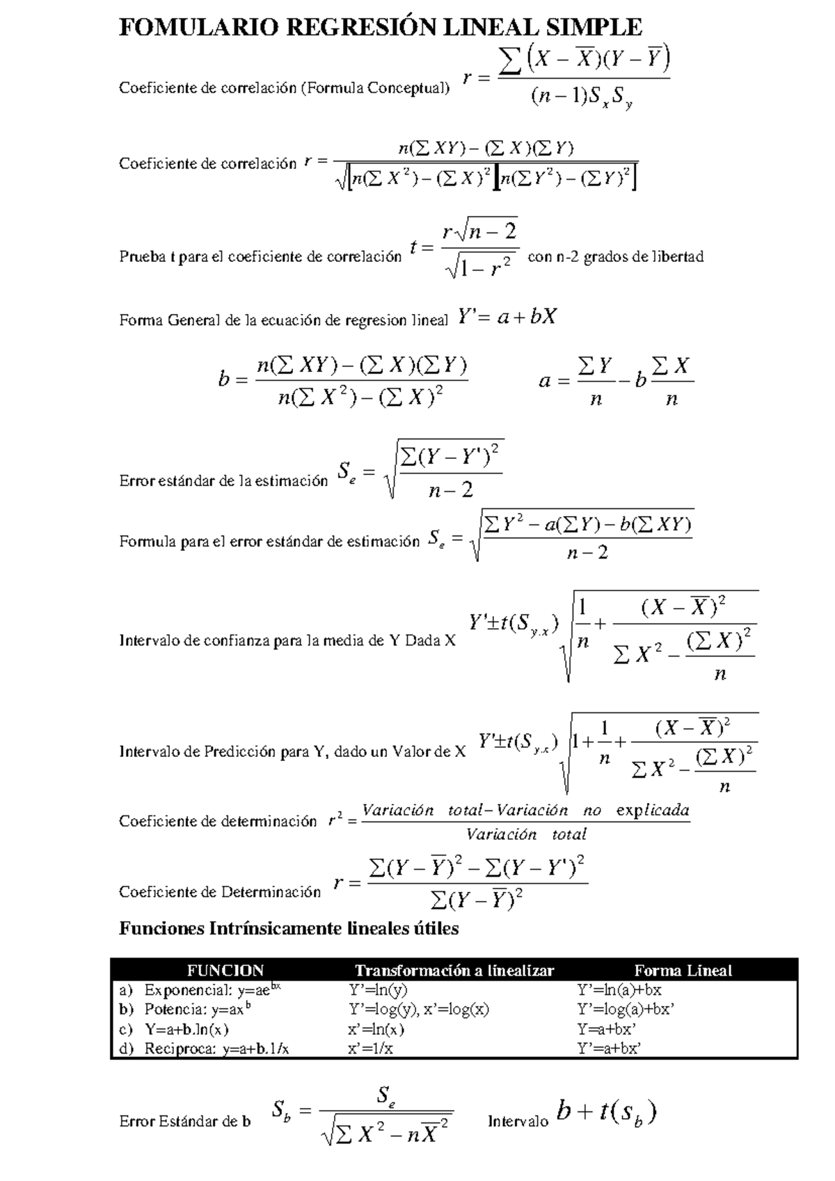 Formulario regresion lineal - FOMULARIO REGRESIÓN LINEAL SIMPLE Coeficiente de correlación ...