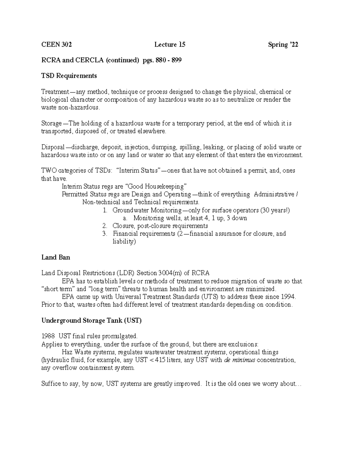 CEEN 302 Lecture 15 - CEEN 302 Lecture 15 Spring ’ RCRA and CERCLA ...