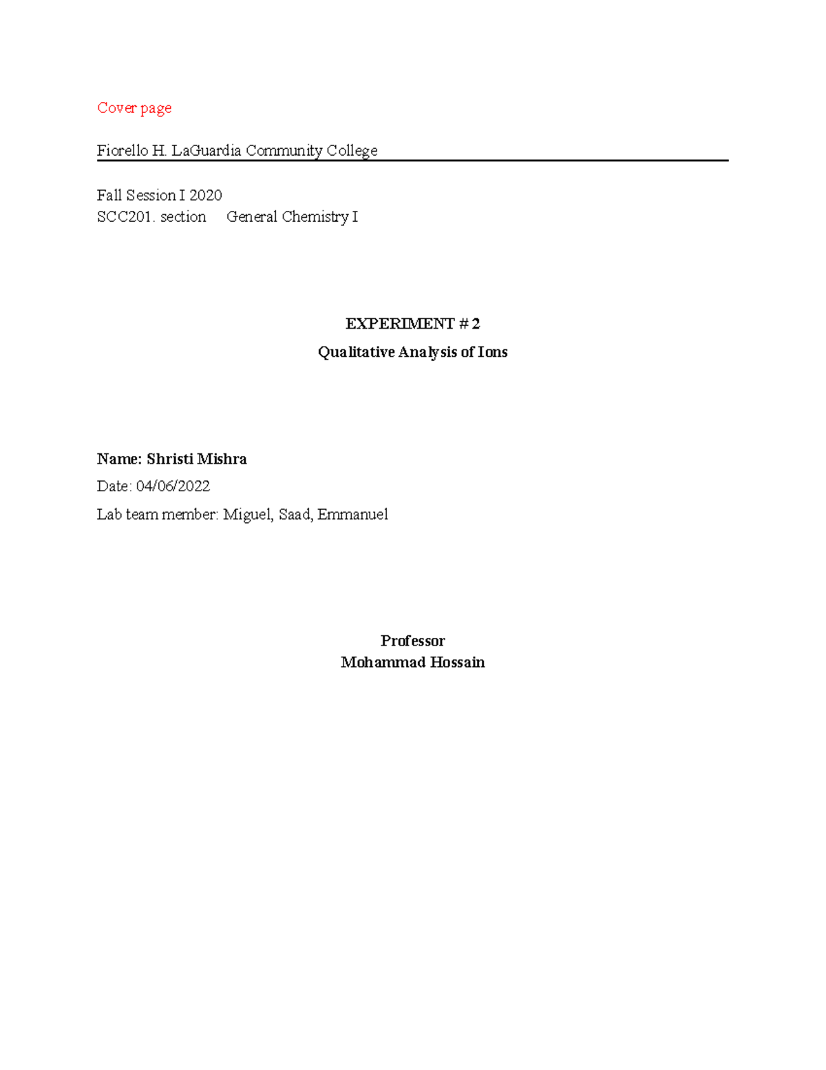 Example General Chemistry Lab II Report Shristi Mishra - Cover page ...