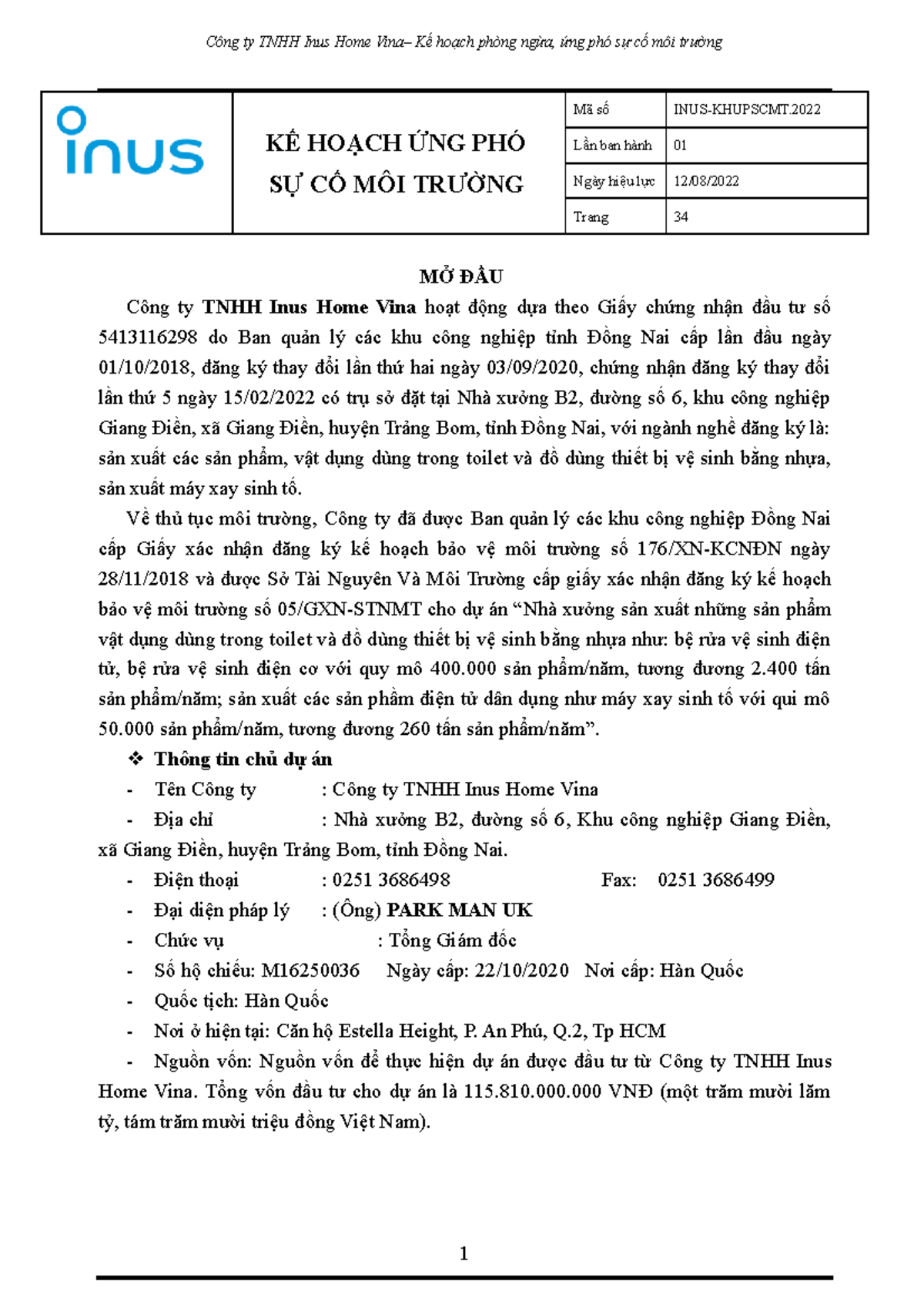 9. Kế hoạch ứng phó sự cố môi trường 2022 - KẾ HOẠCH ỨNG PHÓ SỰ CỐ MÔI ...