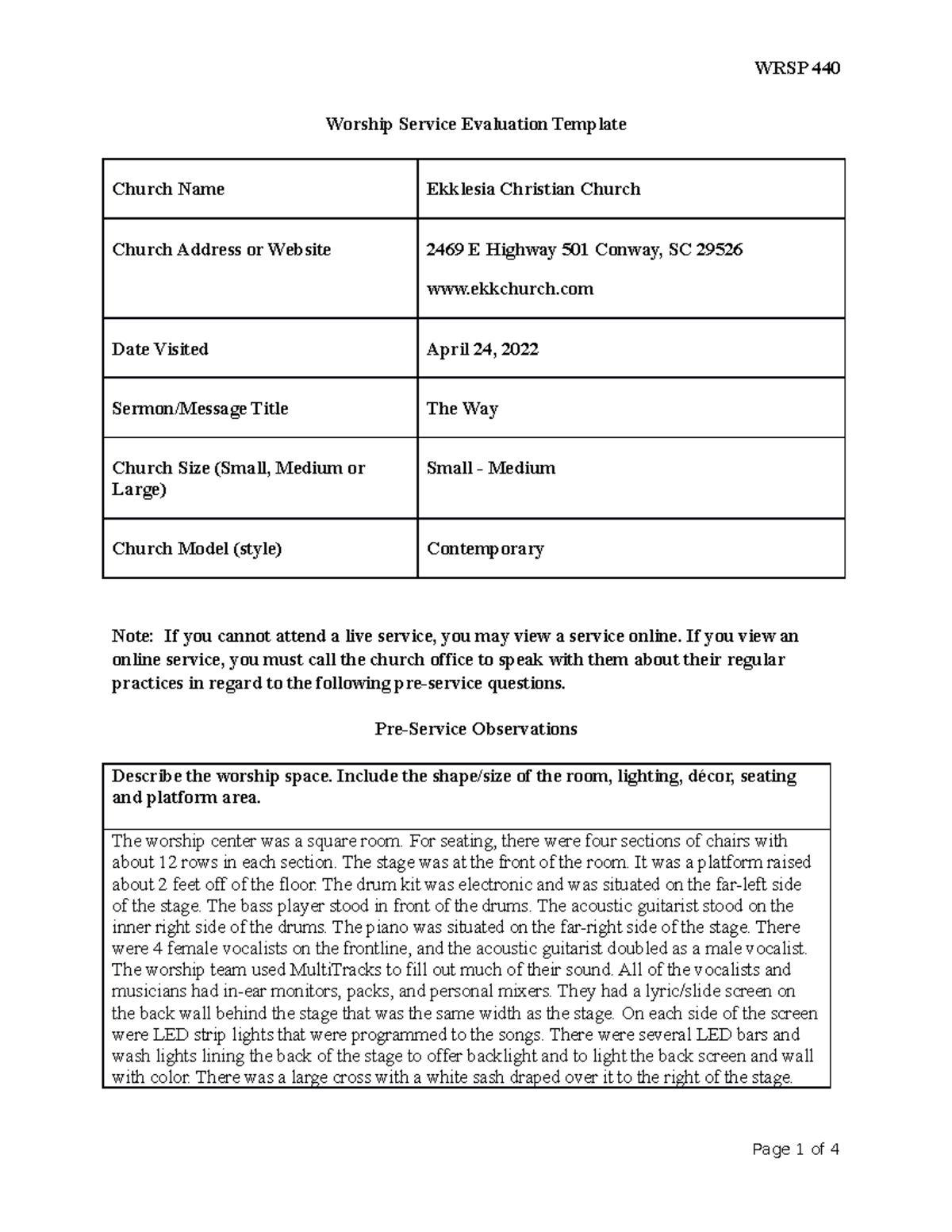 WRSP 440 D01 Worship Service Evaluation - Worship Service Evaluation ...