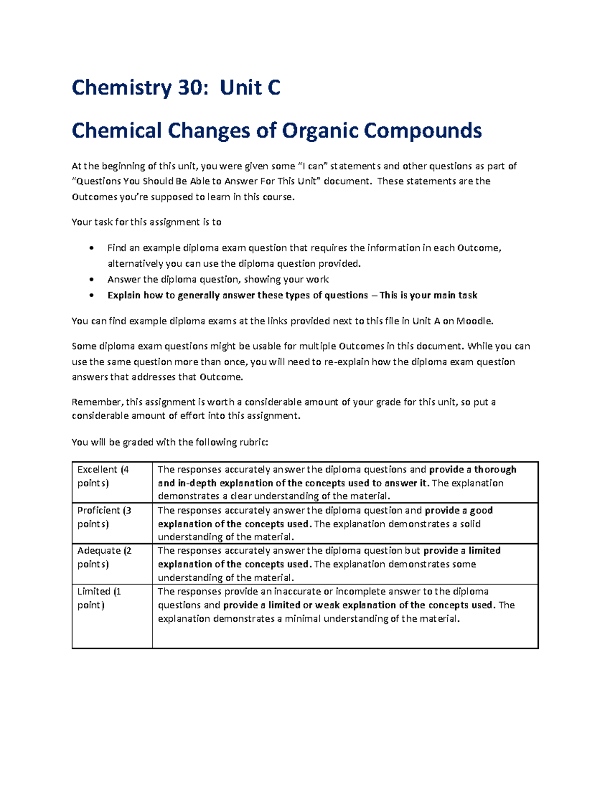 Chemistry 30 Unit C Outcome Analysis copy - Chemistry 3 0: Unit C ...
