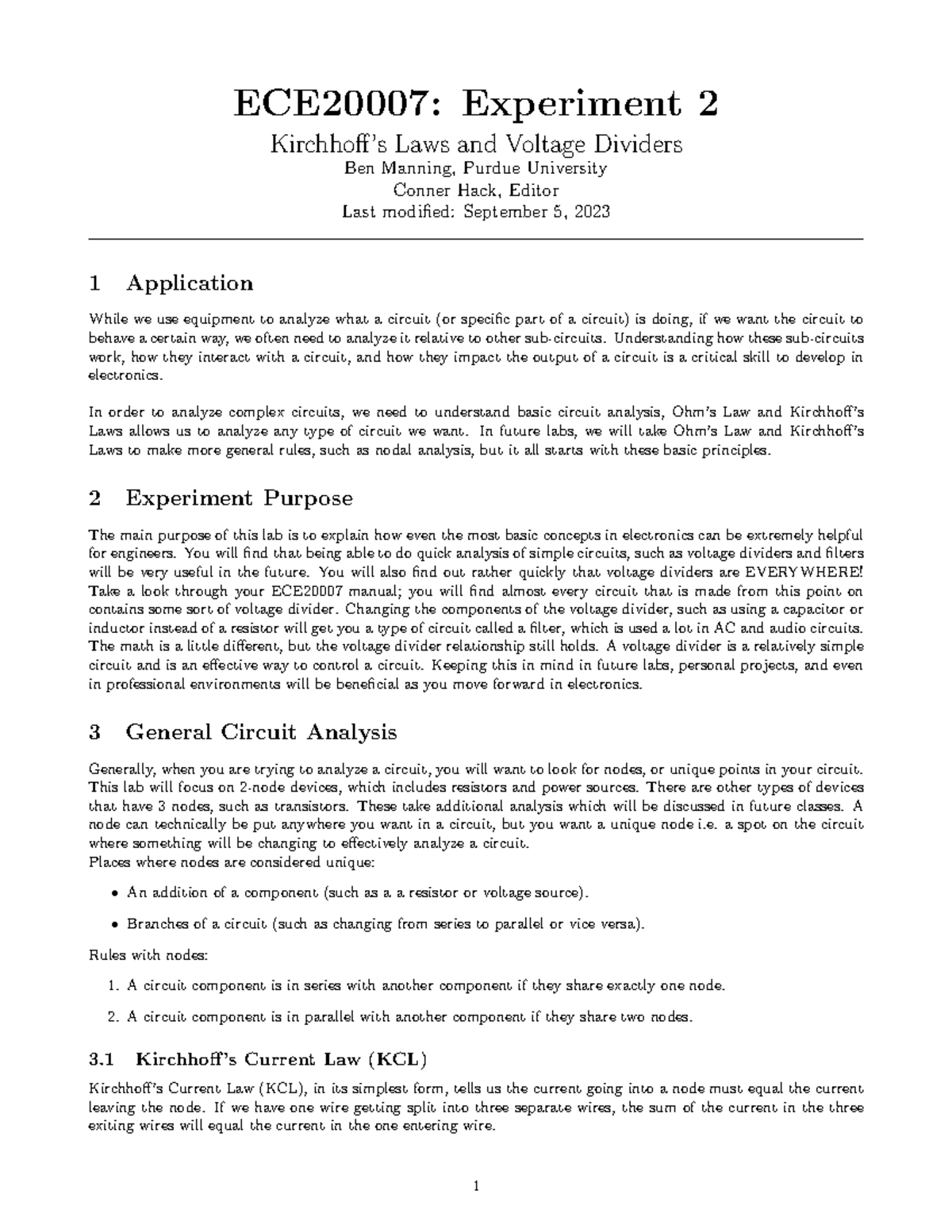 ECE2000 7-Lab2-09052023 - ECE20007: Experiment 2 Kirchhoff’s Laws and ...
