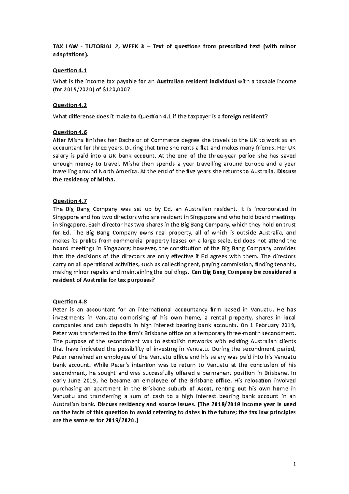 Tutorial 2, Week 3 - Residence and Source - TAX LAW - TUTORIAL 2, WEEK ...