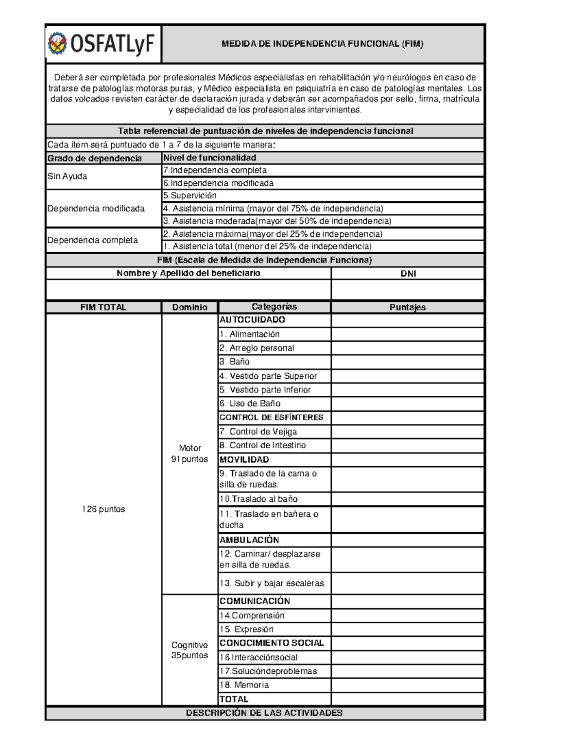Indice FIM - TERAPIA OCUPACIONAL - Grado de dependencia DNI FIM TOTAL ...