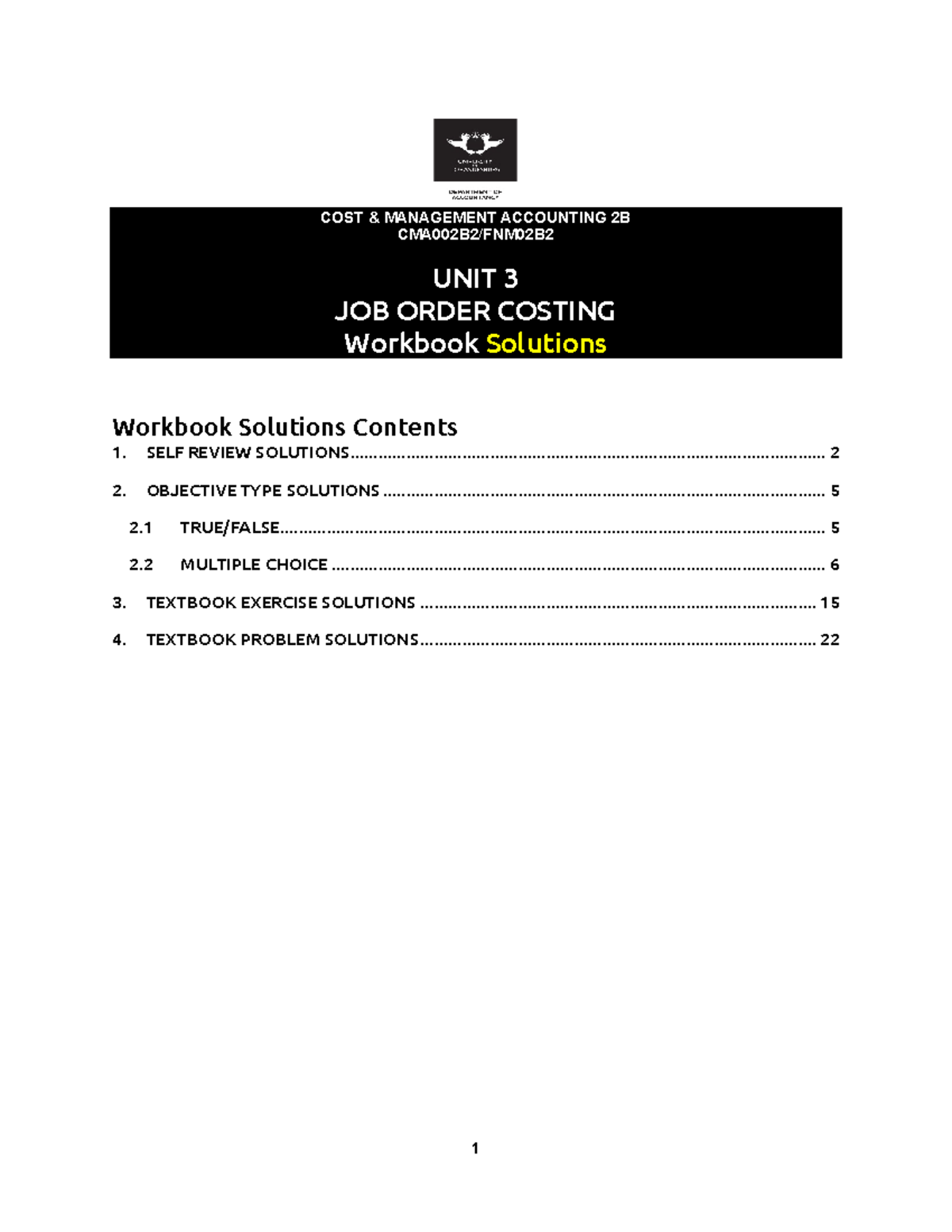 2b Unit 3 Job Costing Workbook Solutions Cost Management Accounting