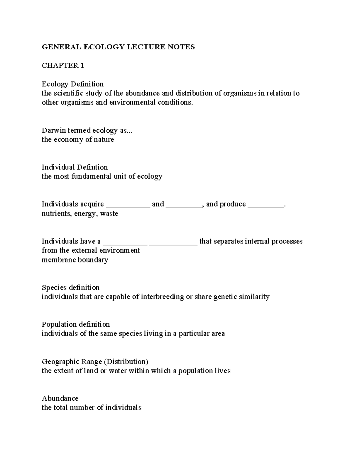 General Ecology Lecture Notes General Ecology Lecture Notes Chapter 1