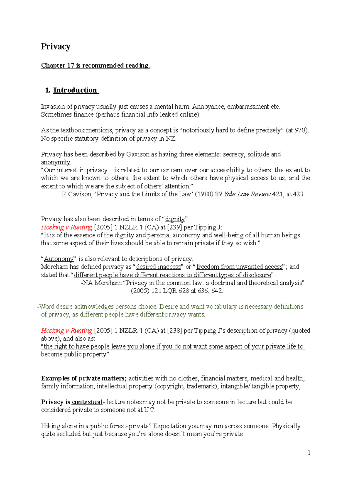 Invasion of Privacy - Lecture notes 20 - Privacy Chapter 17 is ...