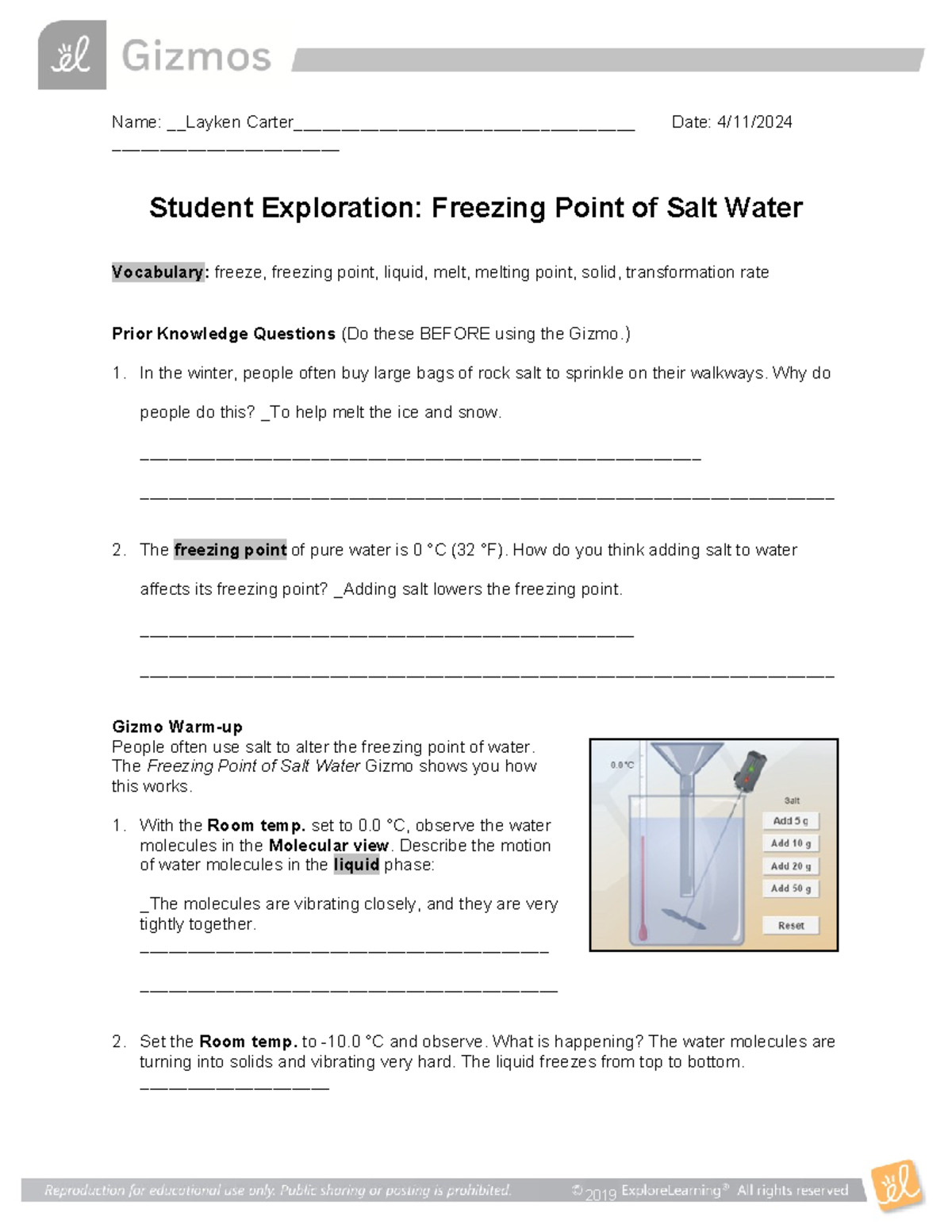Freezing Salt Water SE - Name: Layken Carter ...