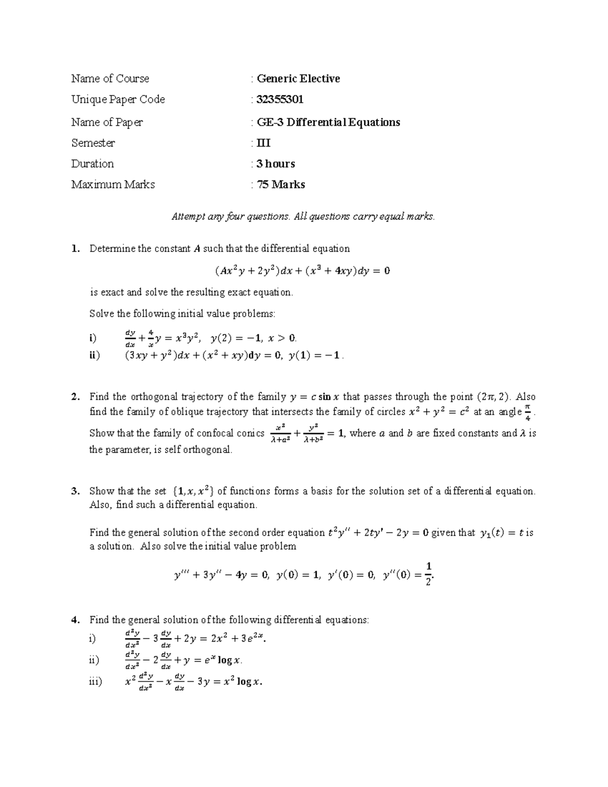 DIFF. EQ - SAMPLE PAPER - Name of Course : Generic Elective Unique ...