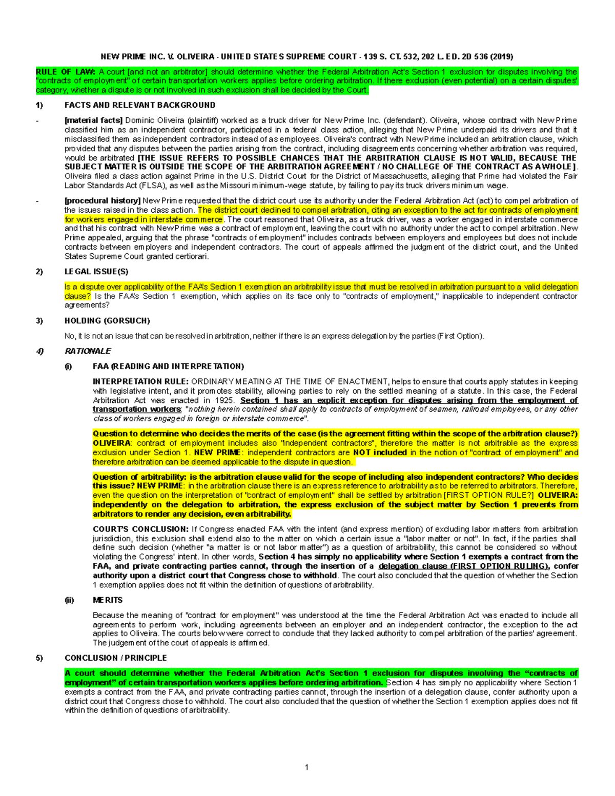 COMMERCIAL ARBITRATION: Case brief & class notes (including diss ...