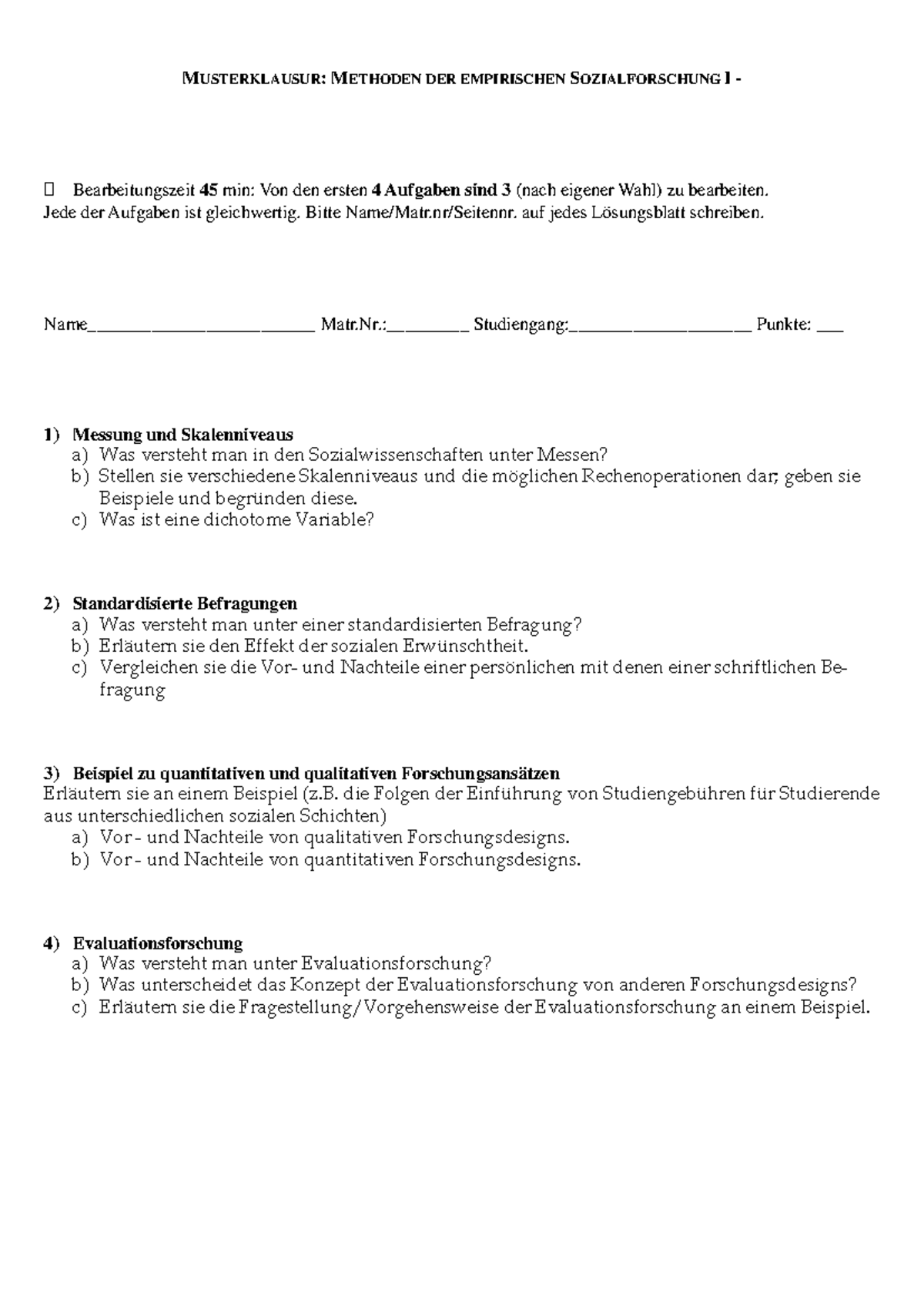 Probeklausur Wintersemester 2014/2015, Fragen - MUSTERKLAUSUR: METHODEN DER EMPIRISCHEN - Studocu