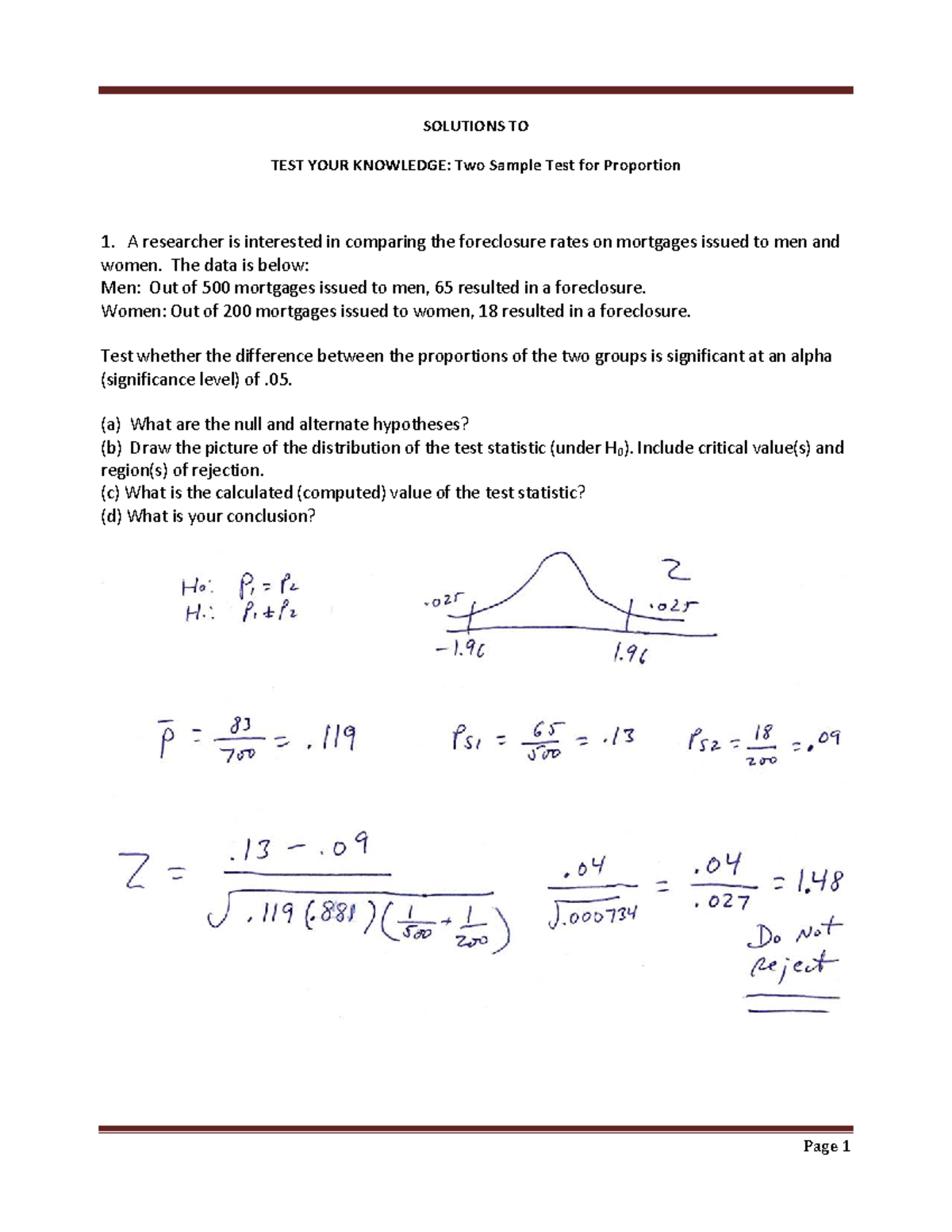 Two-Sample Proportion Done Now - SOLUTIONS TO TEST YOUR KNOWLEDGE: Two ...