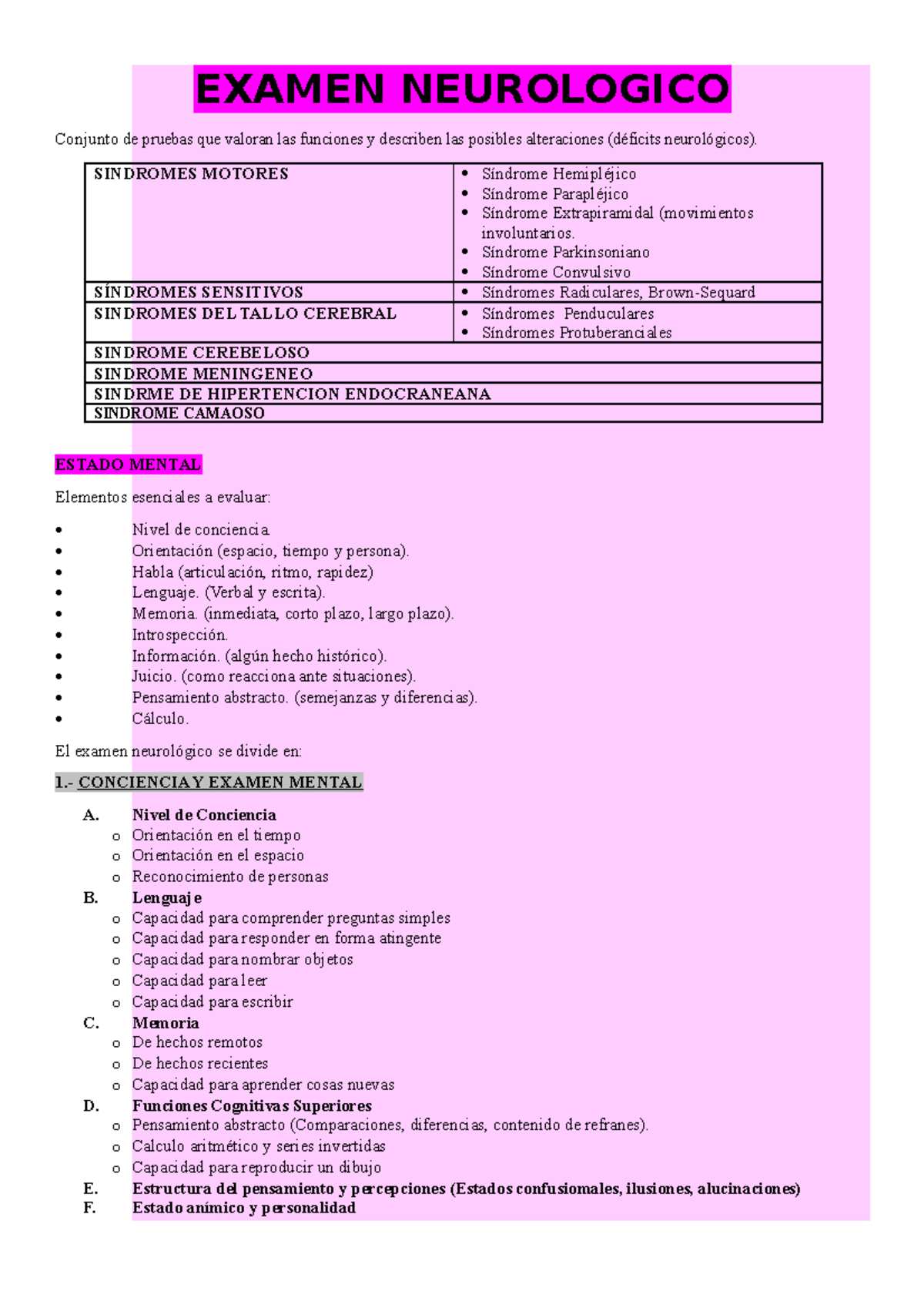 1. Apuntes teoría examen neurológico - EXAMEN NEUROLOGICO Conjunto de ...