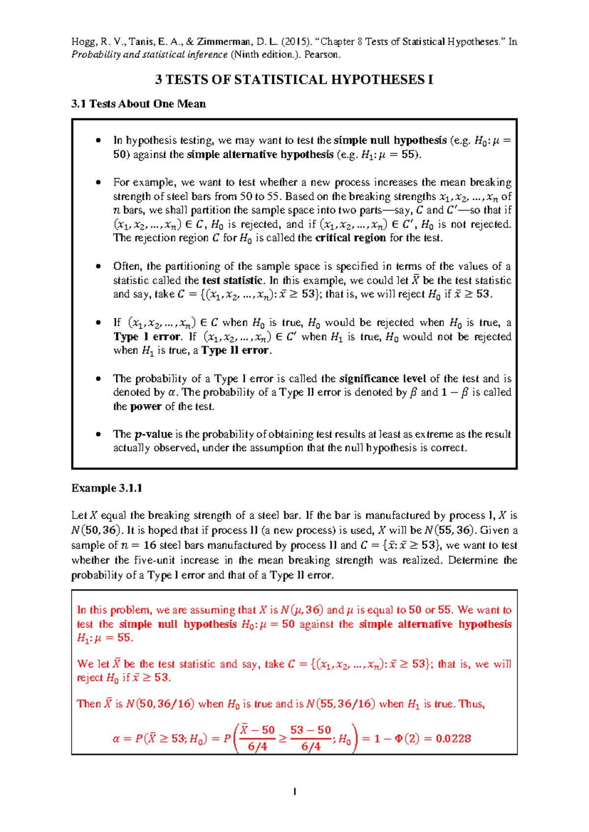 3 Tests of Statistical Hypotheses I - Probability and statistical ...