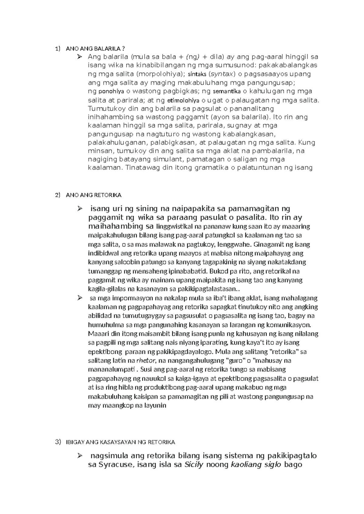 Retorika assignment - none - 1) ANO ANG BALARILA? Ang balarila (mula sa ...